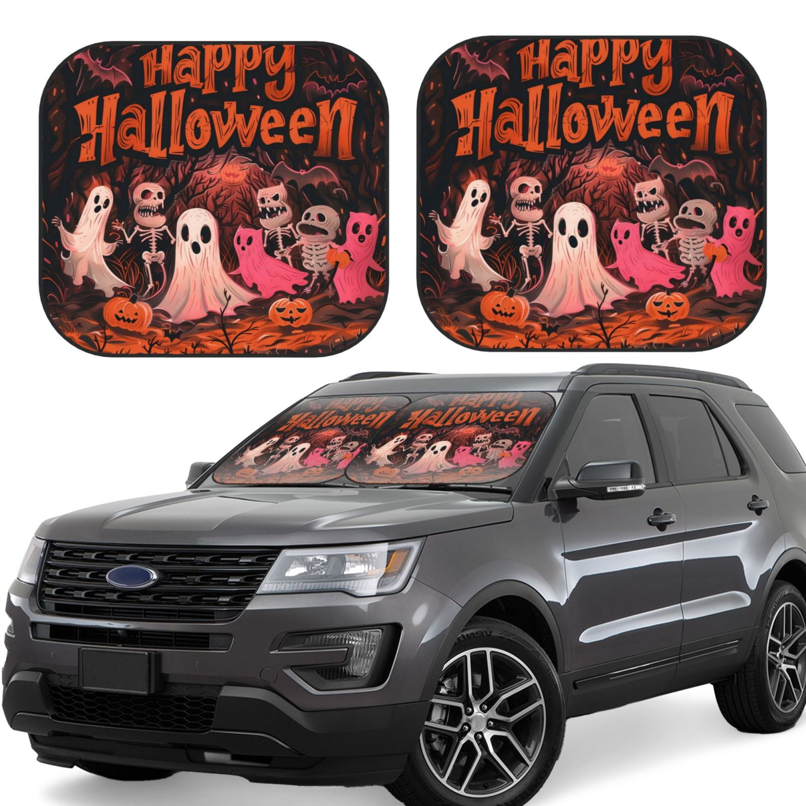 Windshield Sun Shade Halloween Happy Cute Ghost 2 Pieces Car Front Sun ...