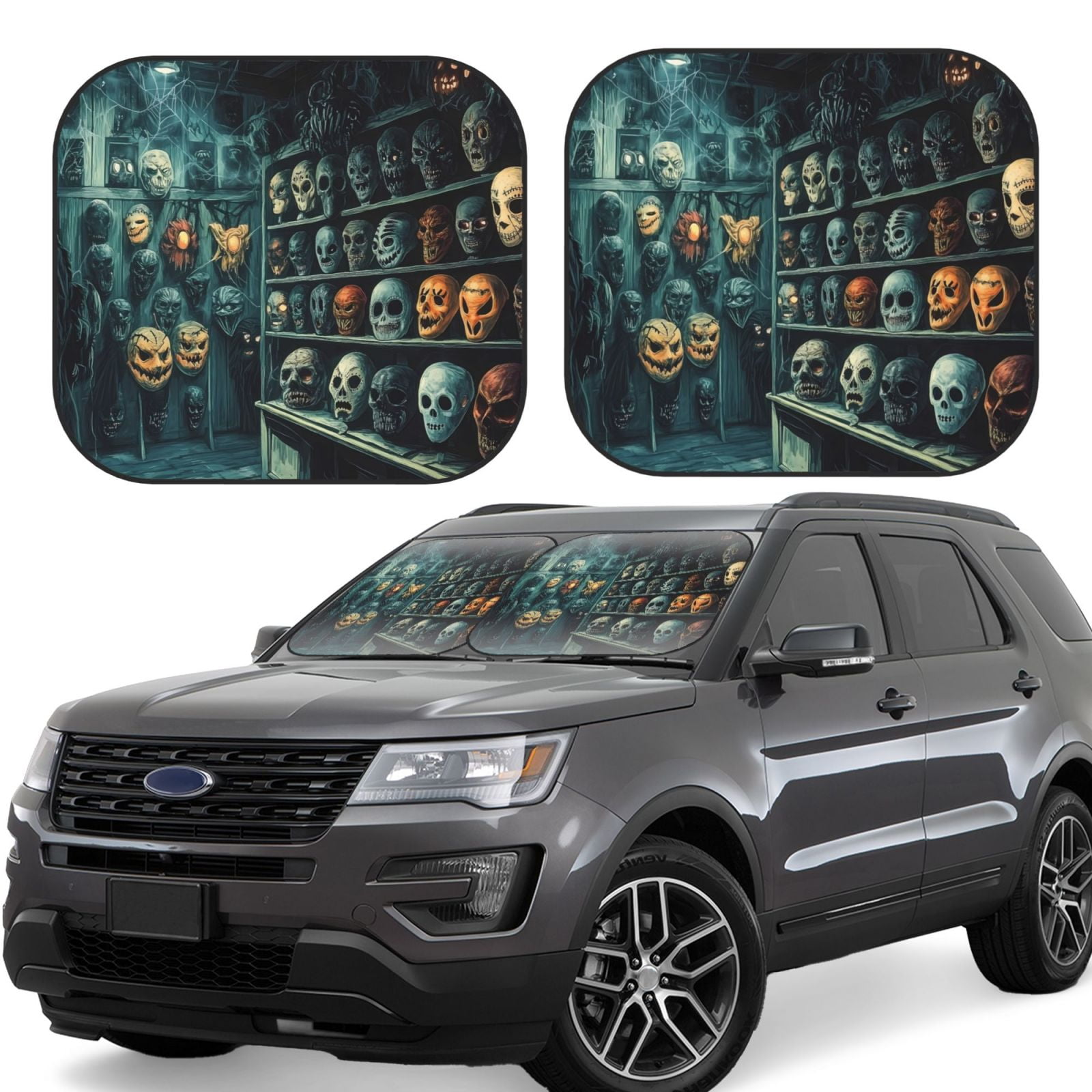 Windshield Sun Shade Halloween Mask Wall (3) 2 Pieces Car Front Sun ...