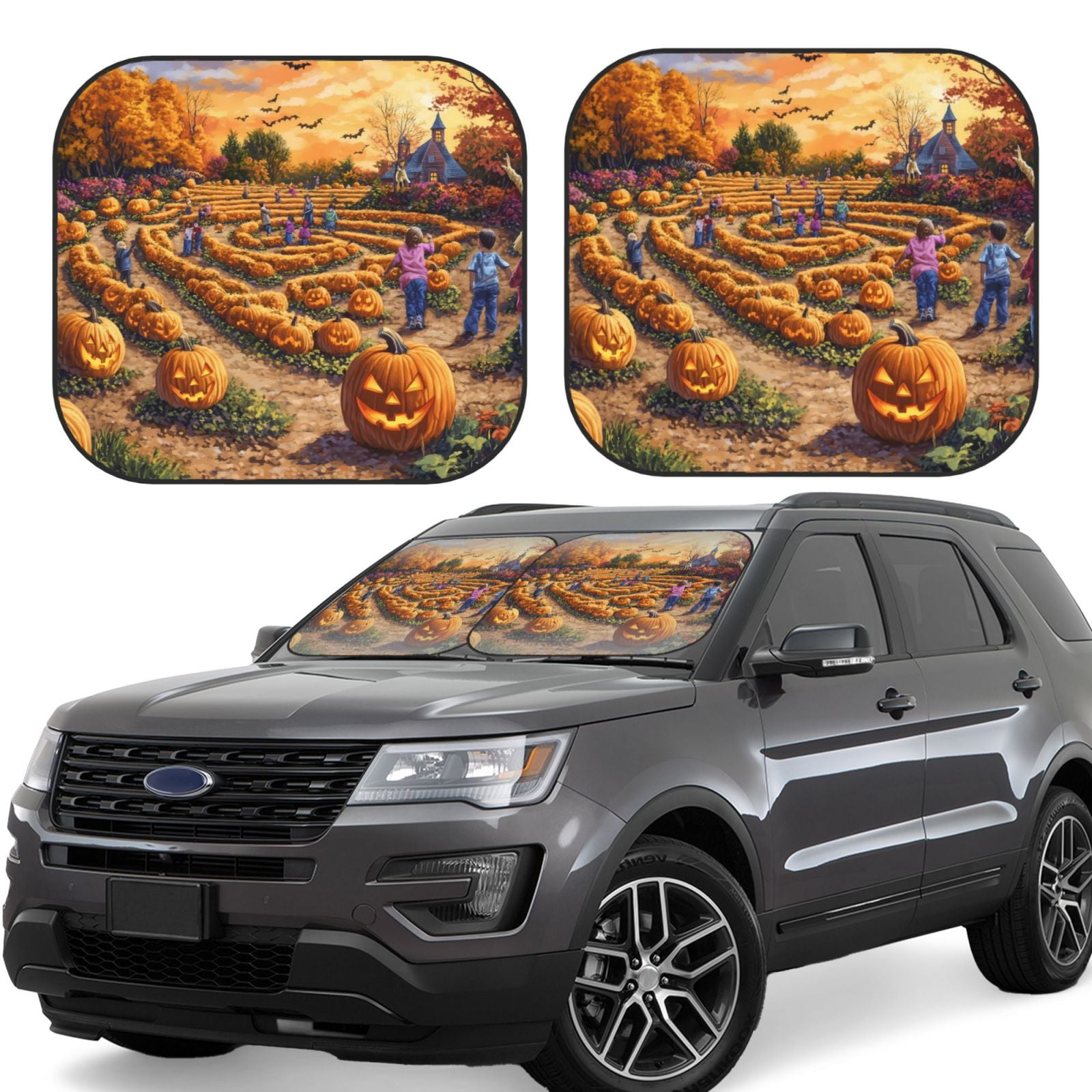 Windshield Sun Shade Halloween Pumpkin Garden 2 Pieces Car Front Sun ...