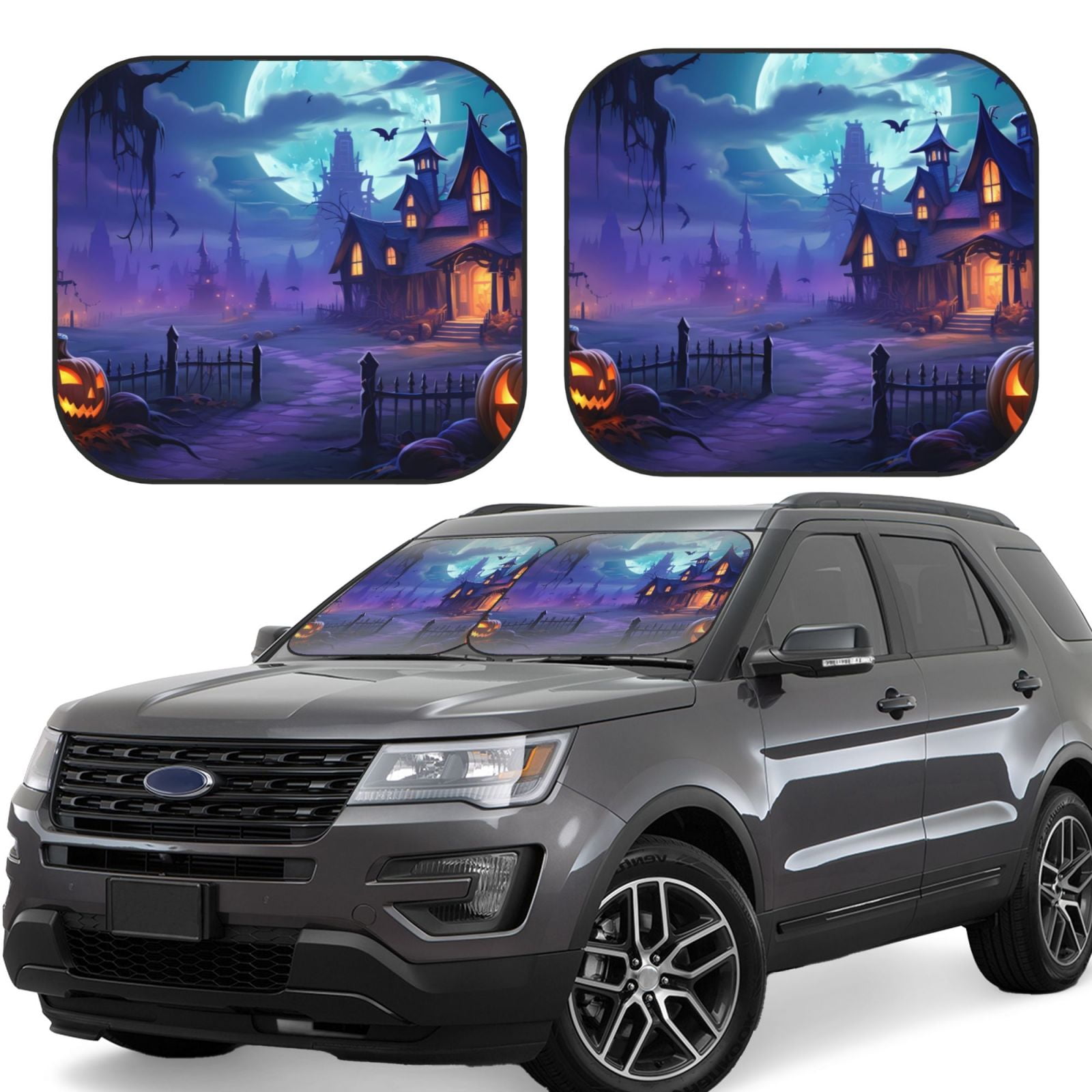Windshield Sun Shade Halloween Purple Pumpkin Castle 2 Pieces Car Front ...