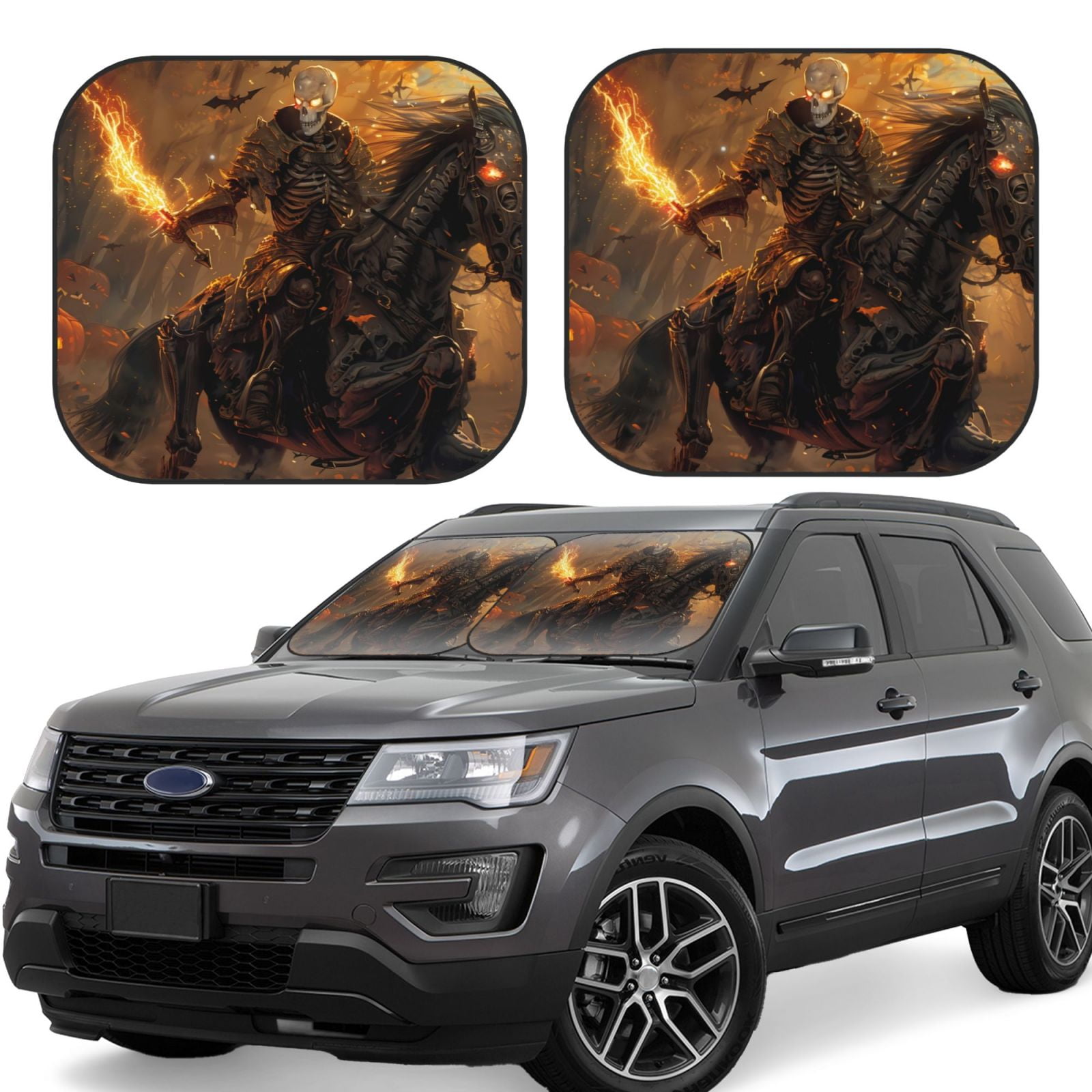 Windshield Sun Shade Halloween Skeleton Knight Cool 2 Pieces Car Front ...
