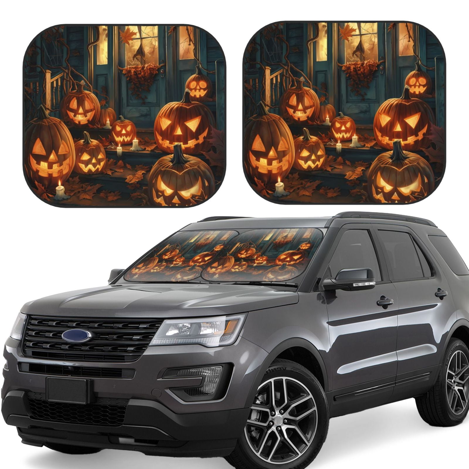 Windshield Sun Shade Halloween Vintage Glowing Pumpkin 2 Pieces Car ...