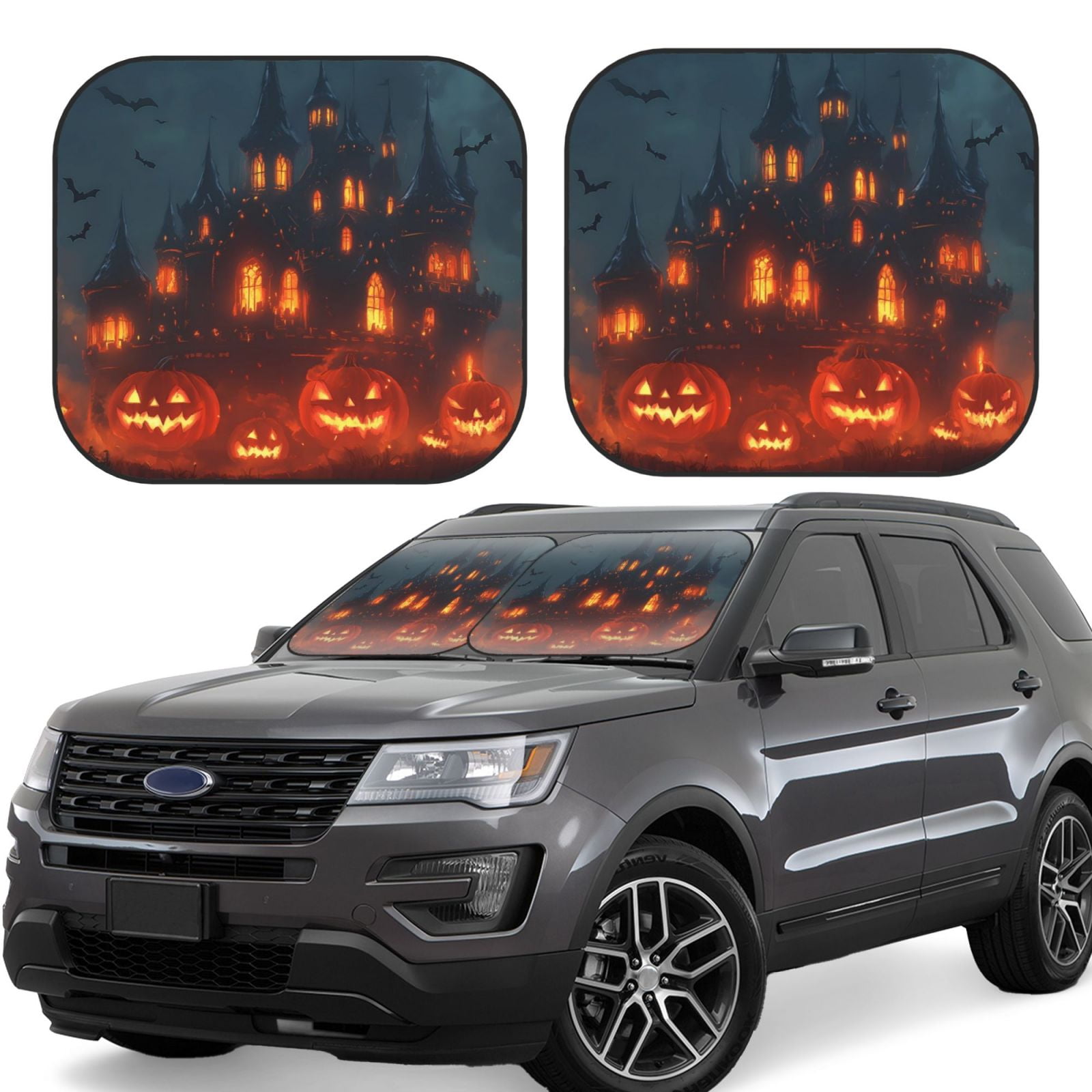 Windshield Sun Shade Halloween Vintage Pumpkin Castle C 2 Pieces Car ...