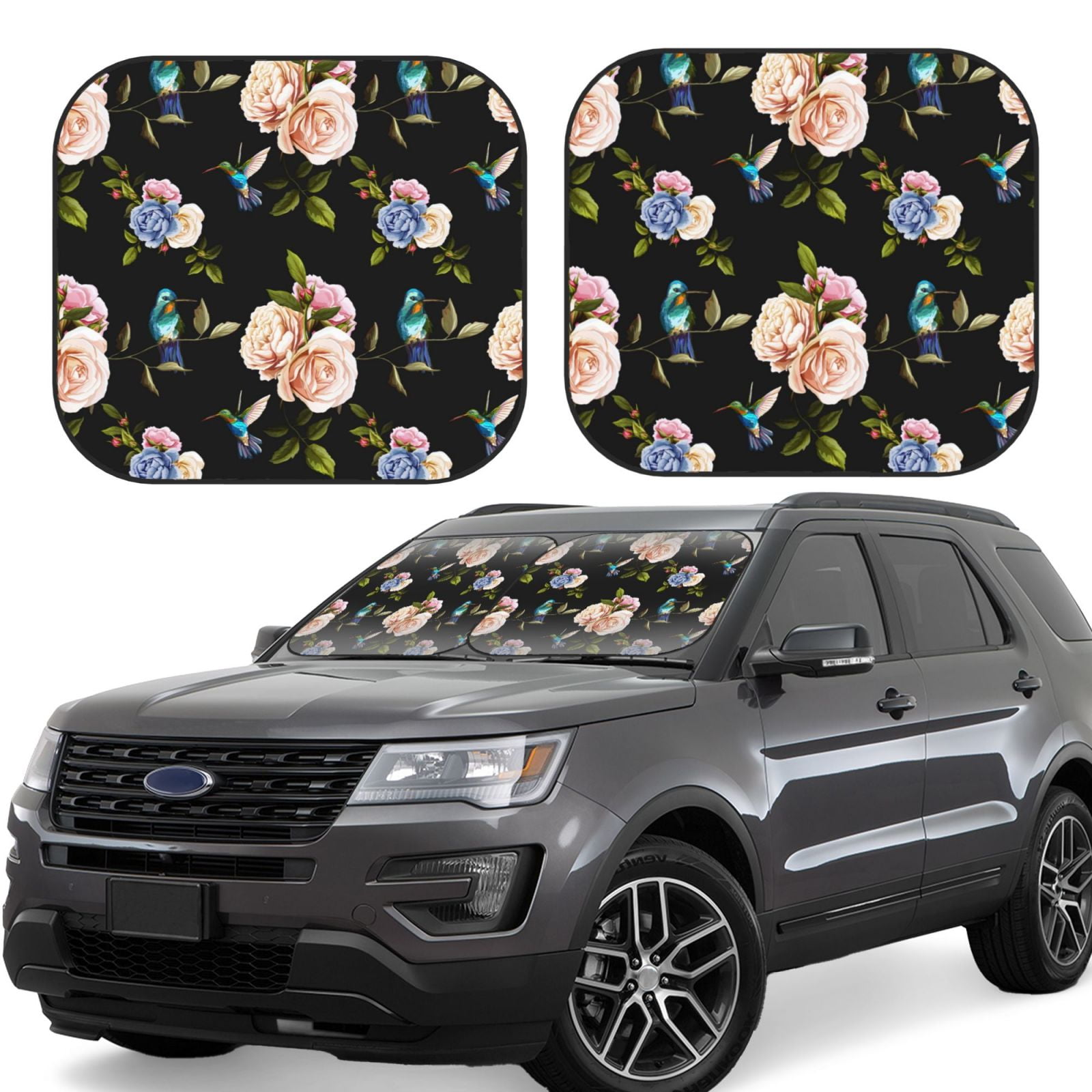 Windshield Sun Shade, Hummingbird Carnation Black 2-Piece Foldablecar ...