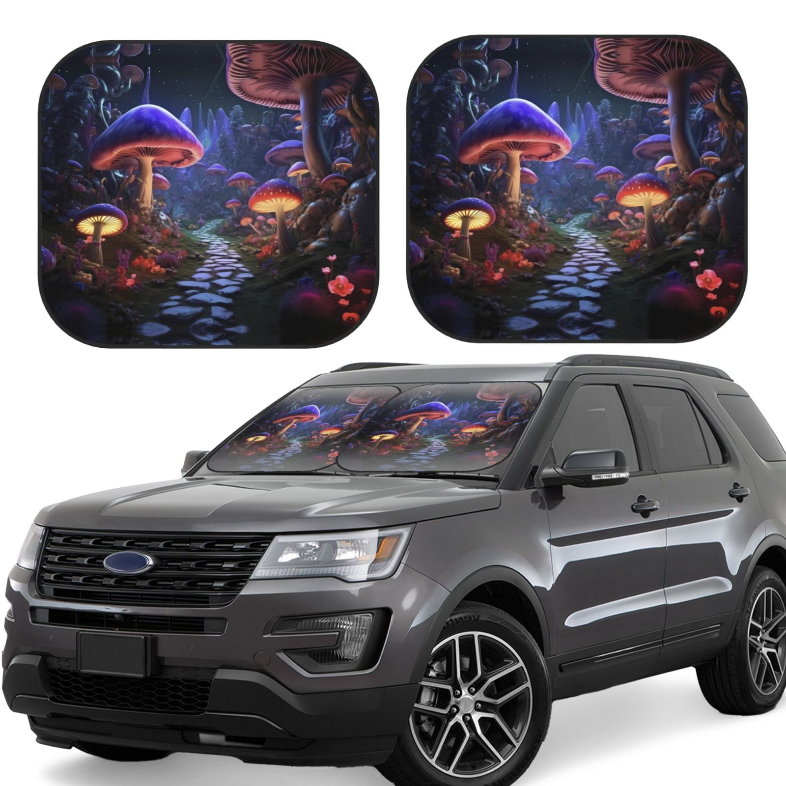 Windshield Sun Shade Jungle Path Glowing Mushrooms 2 Pieces Car Front ...