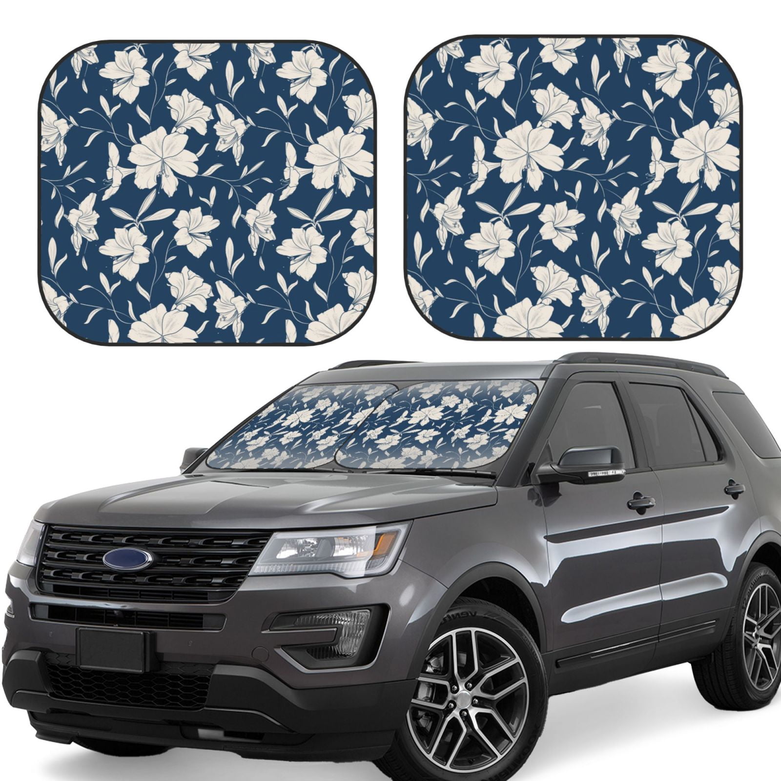 Windshield Sun Shade, Lilies Flowers Navy Blue Foldable Car Sun Shade ...
