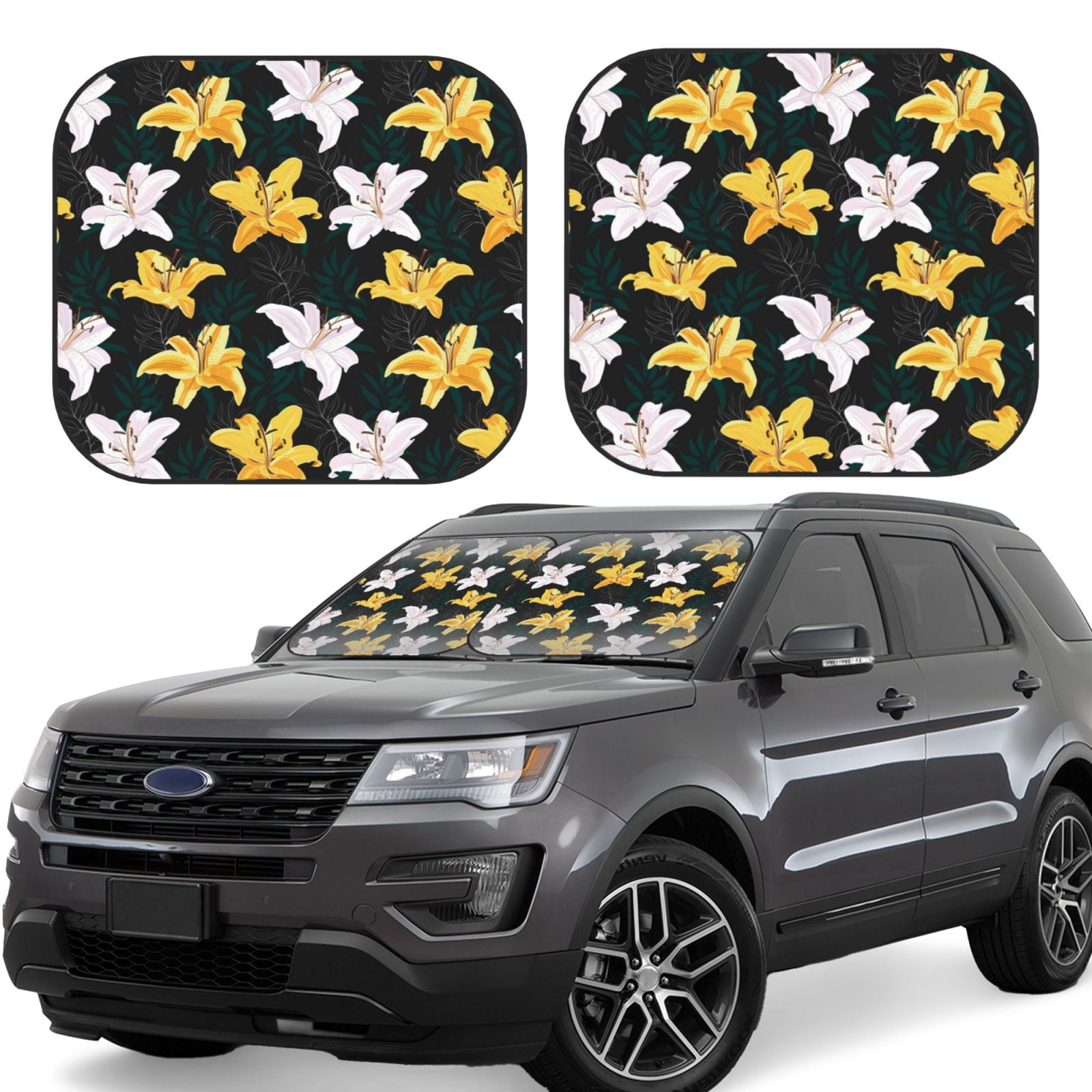 Windshield Sun Shade, Lilies Flowers White Yellow 2-Piece Foldablecar ...