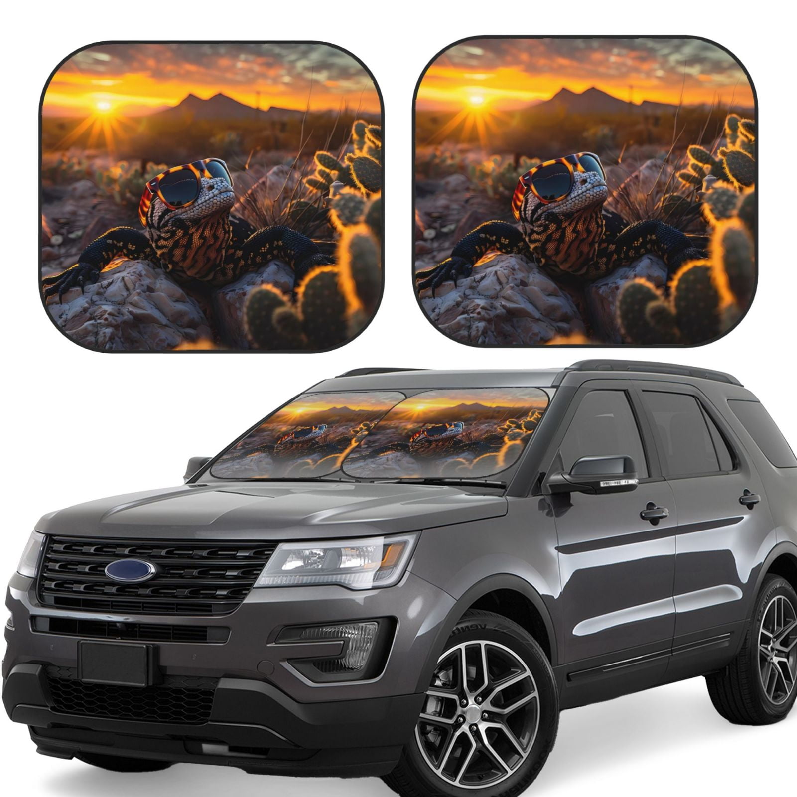 Windshield Sun Shade Lizard With Sunglasses Sunset 2 Pieces Car Front ...