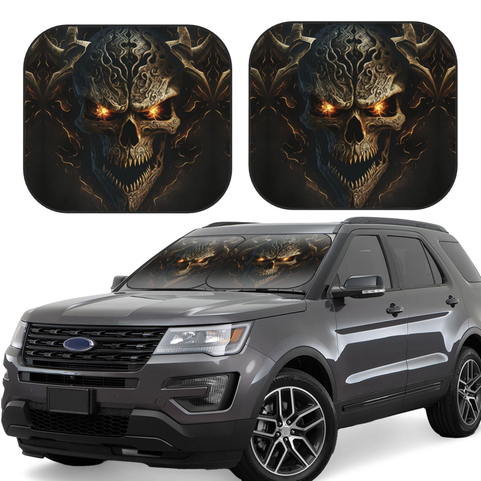 Windshield Sun Shade, Metal Evil Skull 2-Piece Foldablecar Sunshade ...