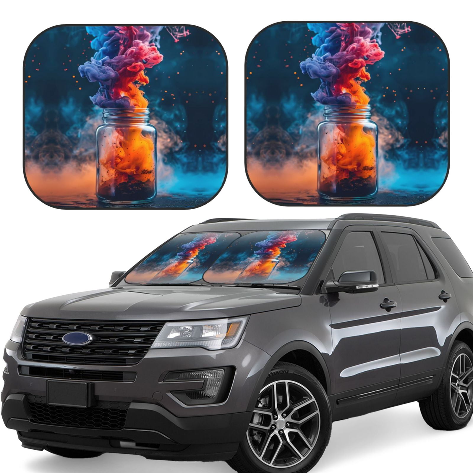 Windshield Sun Shade Modern Art Red and Blue Colors 2 Pieces Car Front ...