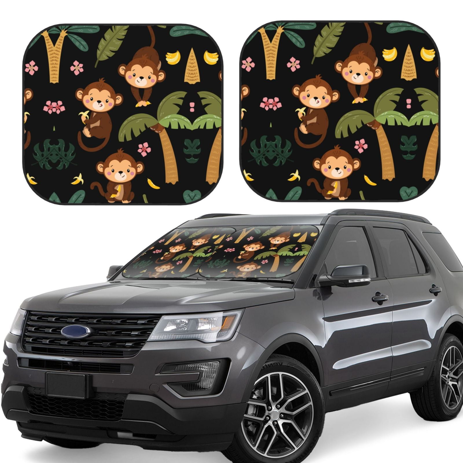 Windshield Sun Shade, Monkeys Swinging from Palms 2-Piece Foldable car ...