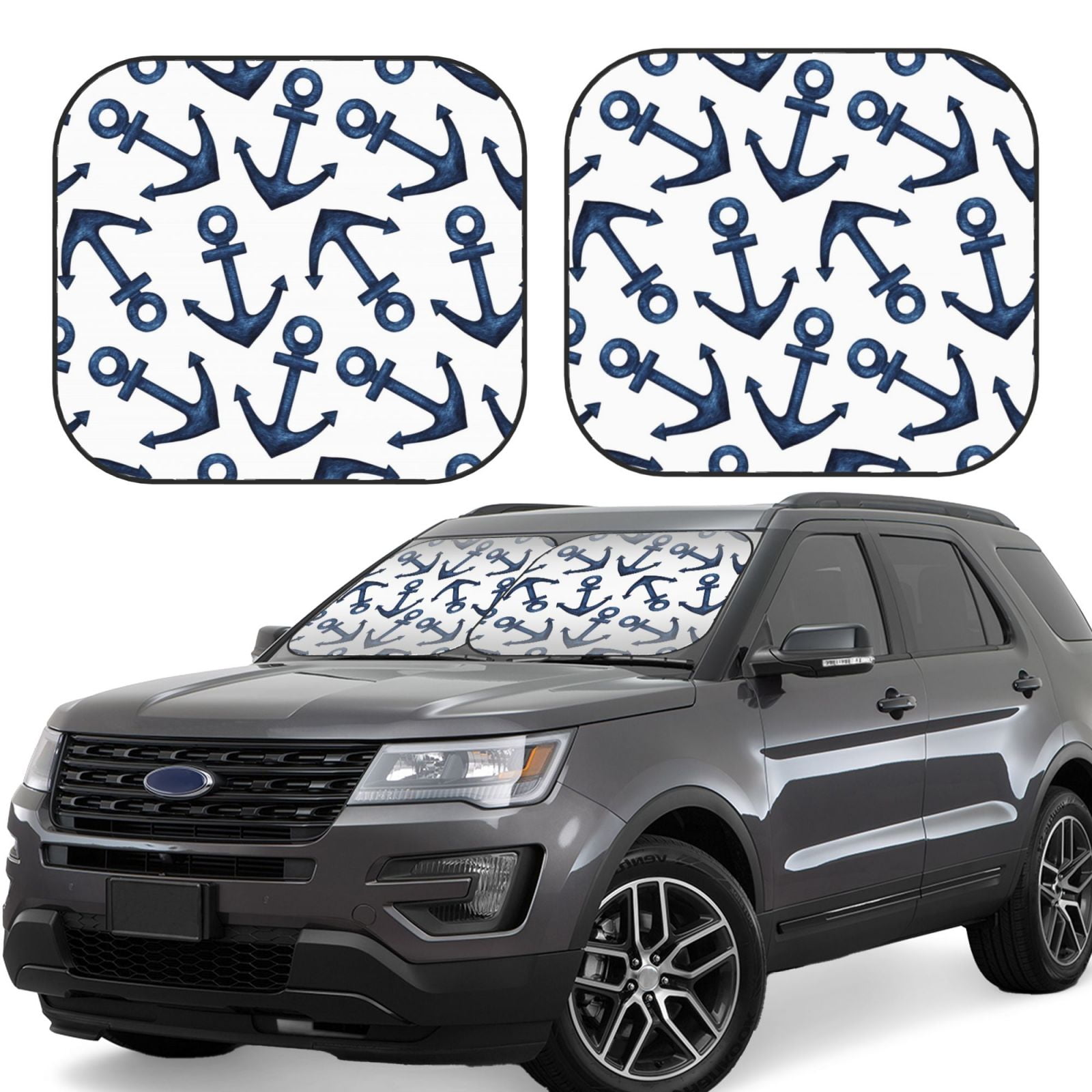 Windshield Sun Shade, Navy Blue Anchor 2-Piece Foldablecar Sunshade ...
