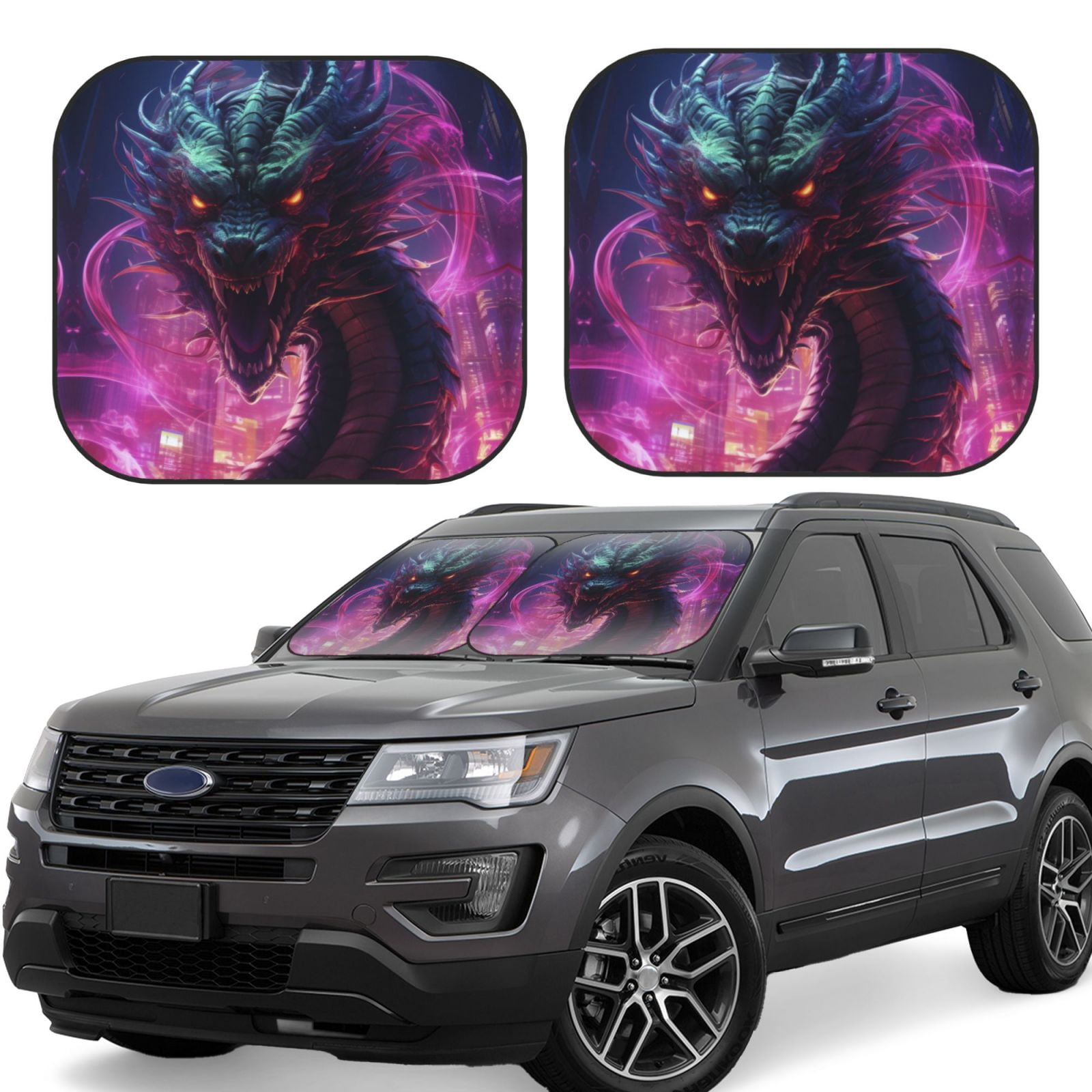 Windshield Sun Shade Neon Futuristic Dragon 2 Pieces Car Front Sun ...