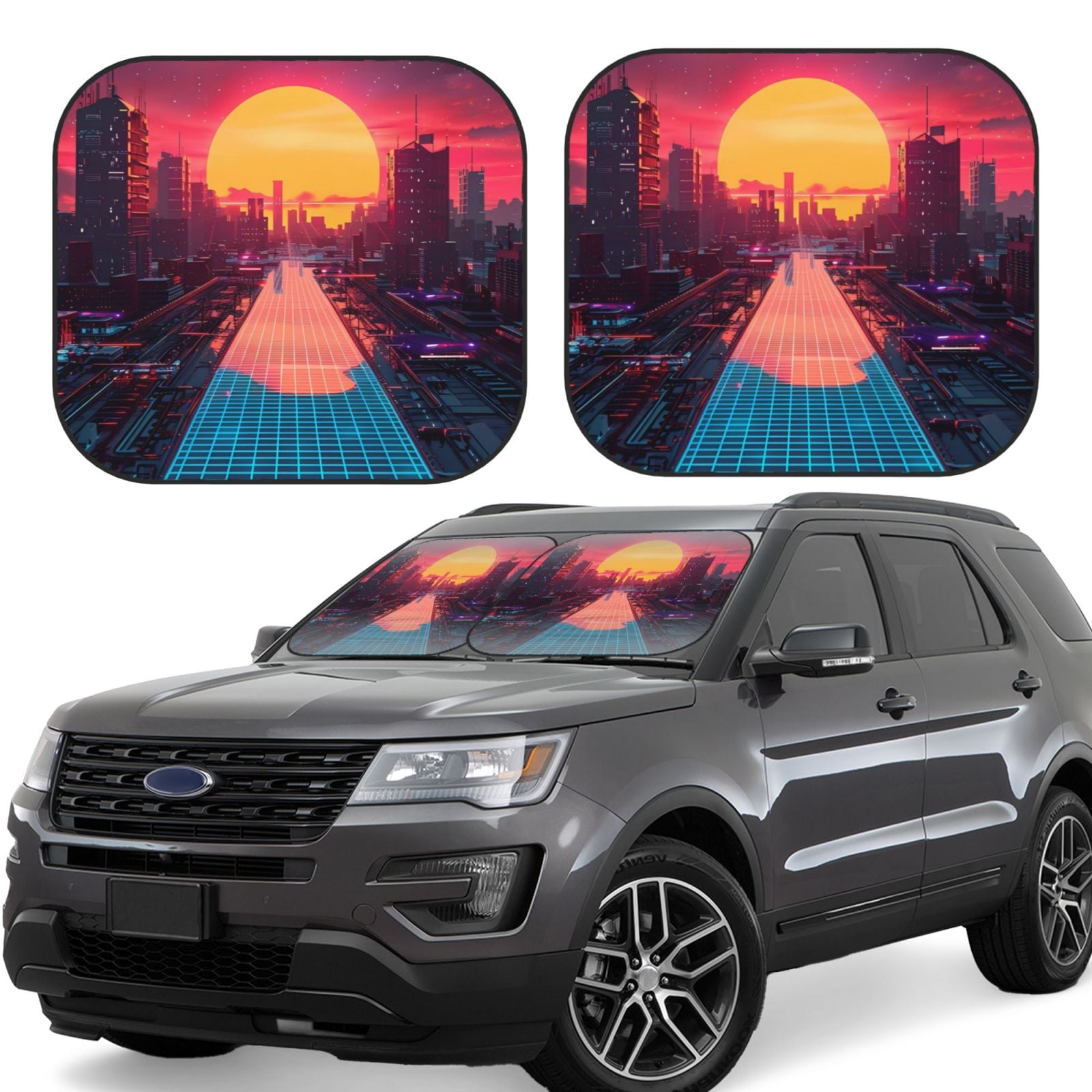 Windshield Sun Shade, Neon Sunset Cyberpunk Cityscape 2-Piece ...