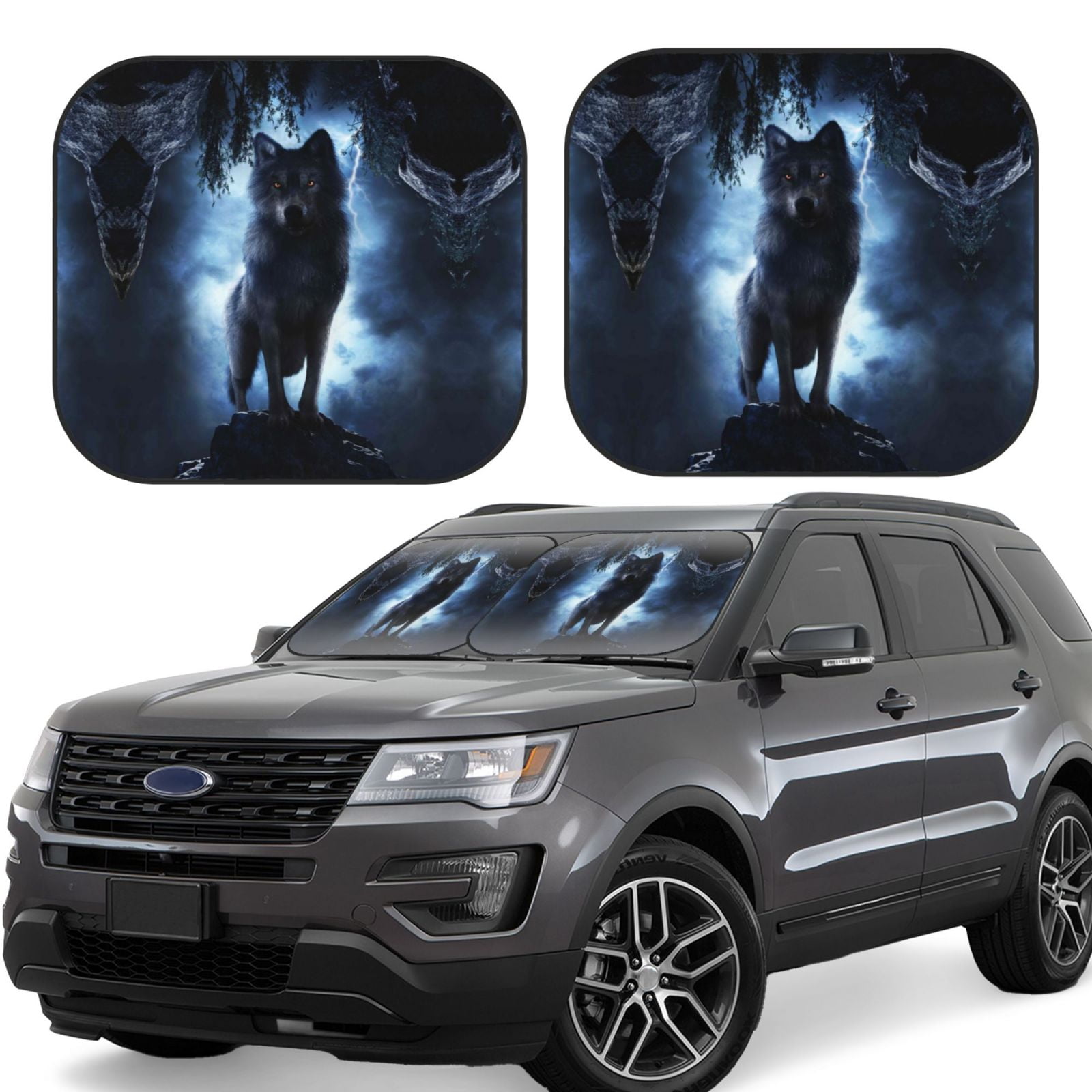 Windshield Sun Shade Night Scene of Wolves 2 Pieces Car Front Sun Shade ...