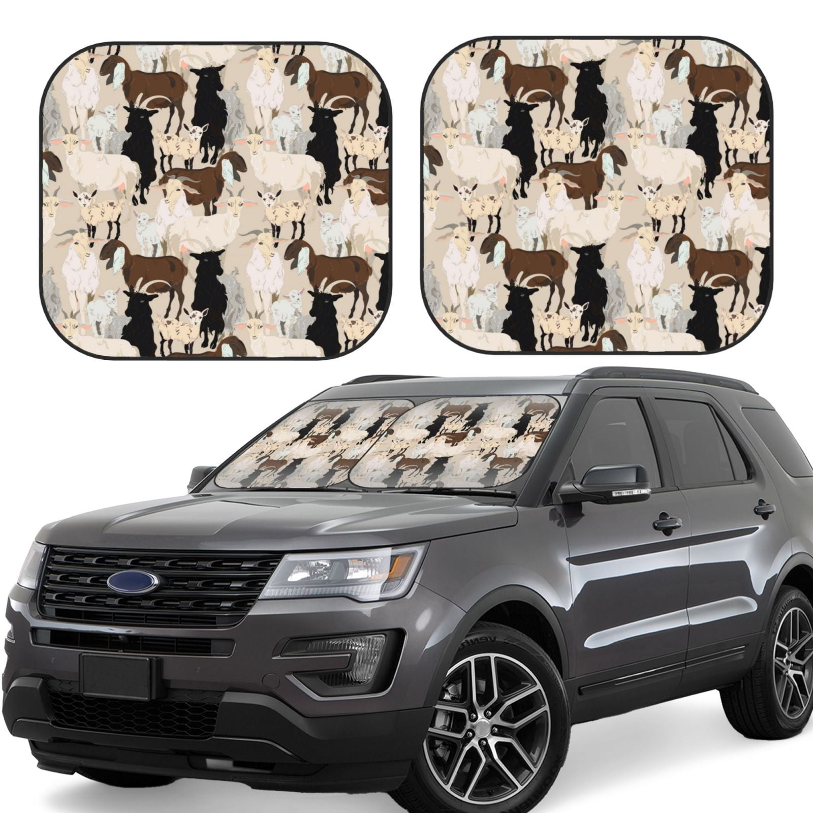 Windshield Sun Shade, Painted Cartoon Colorful Cute Goat 2-Piece ...