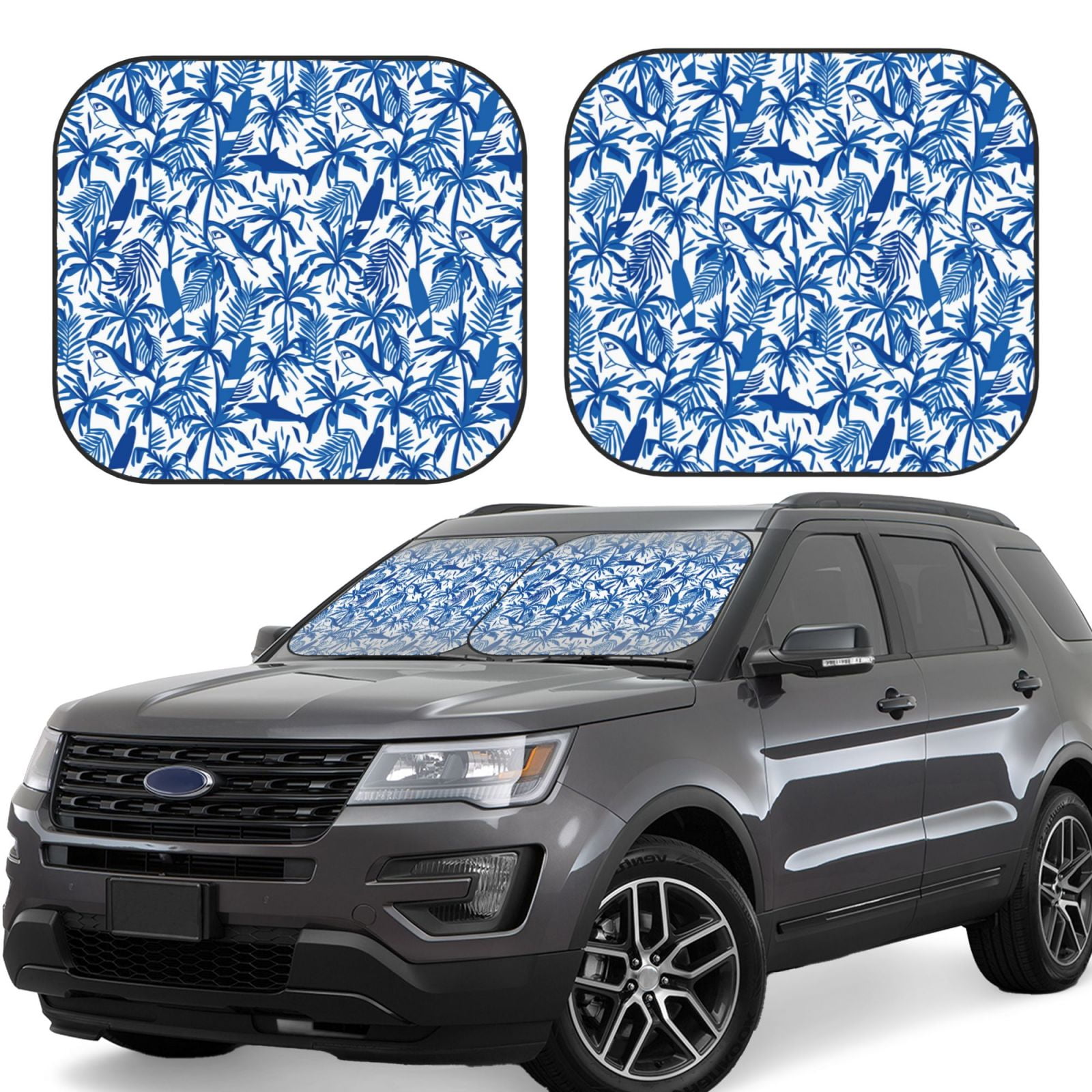 Windshield Sun Shade, Palm Tree Shark Blue 2-Piece Foldablecar Sunshade ...