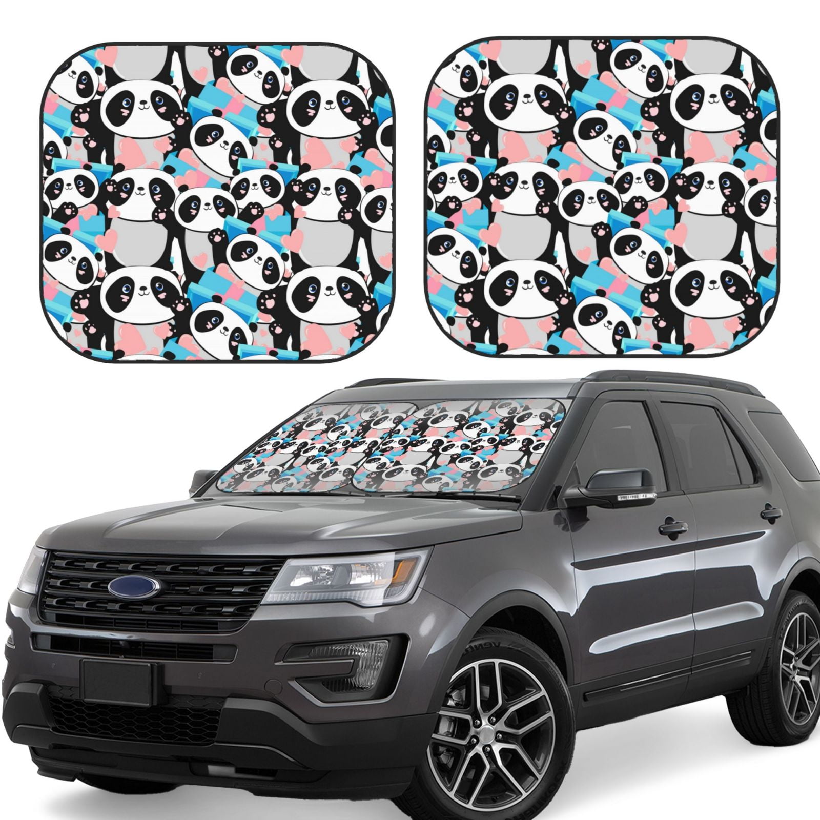 Windshield Sun Shade, Panda Cute Pink Hearts 2-Piece Foldablecar ...