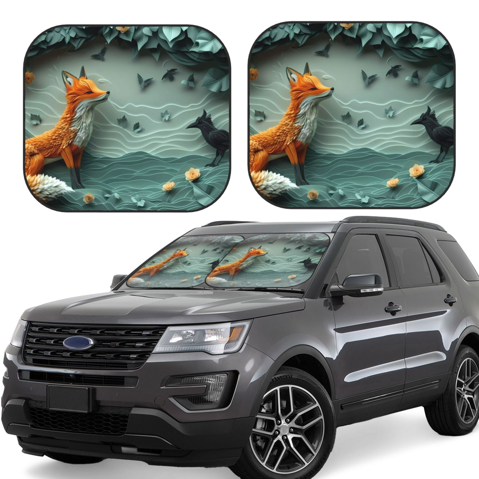 Windshield Sun Shade Paper Fox Crow Fantasy 2 Pieces Car Front Sun ...