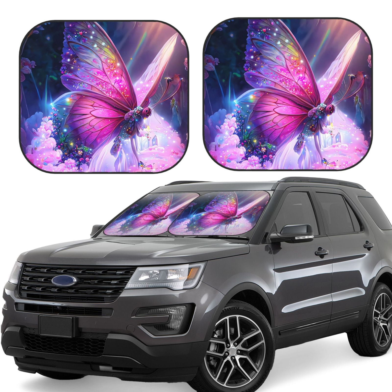 Windshield Sun Shade Pink Beautiful Butterfly 2 Pieces Car Front Sun ...