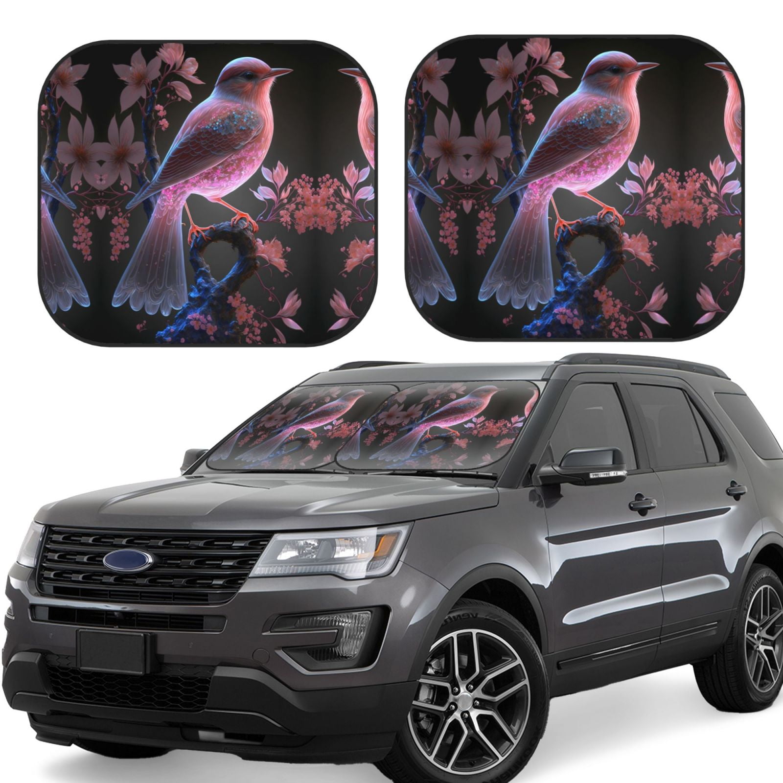 Windshield Sun Shade, Pink Patterned Bird 2-Piece Foldablecar Sunshade ...