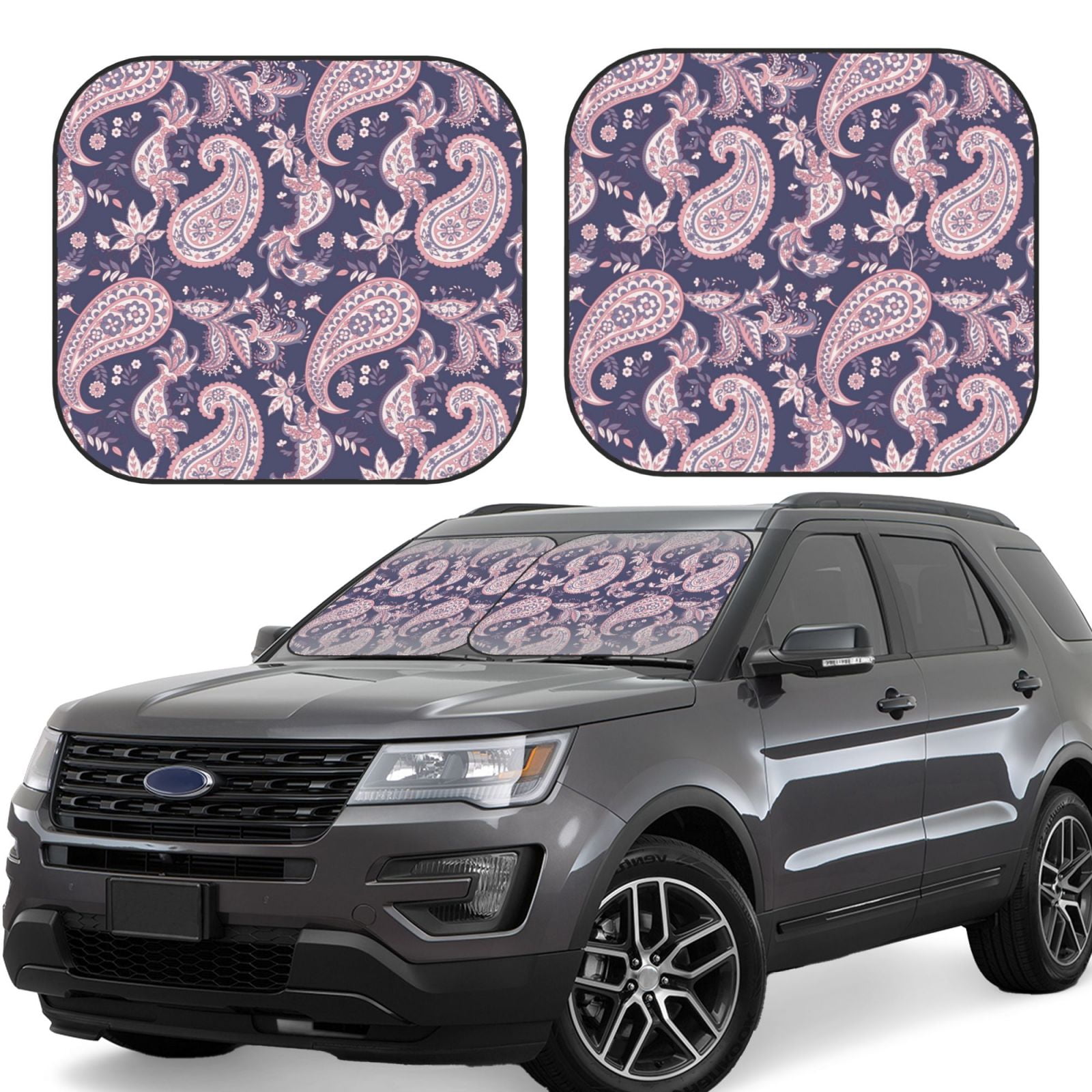 Windshield Sun Shade, Pink Purple Paisley 2-Piece Foldablecar Sunshade ...