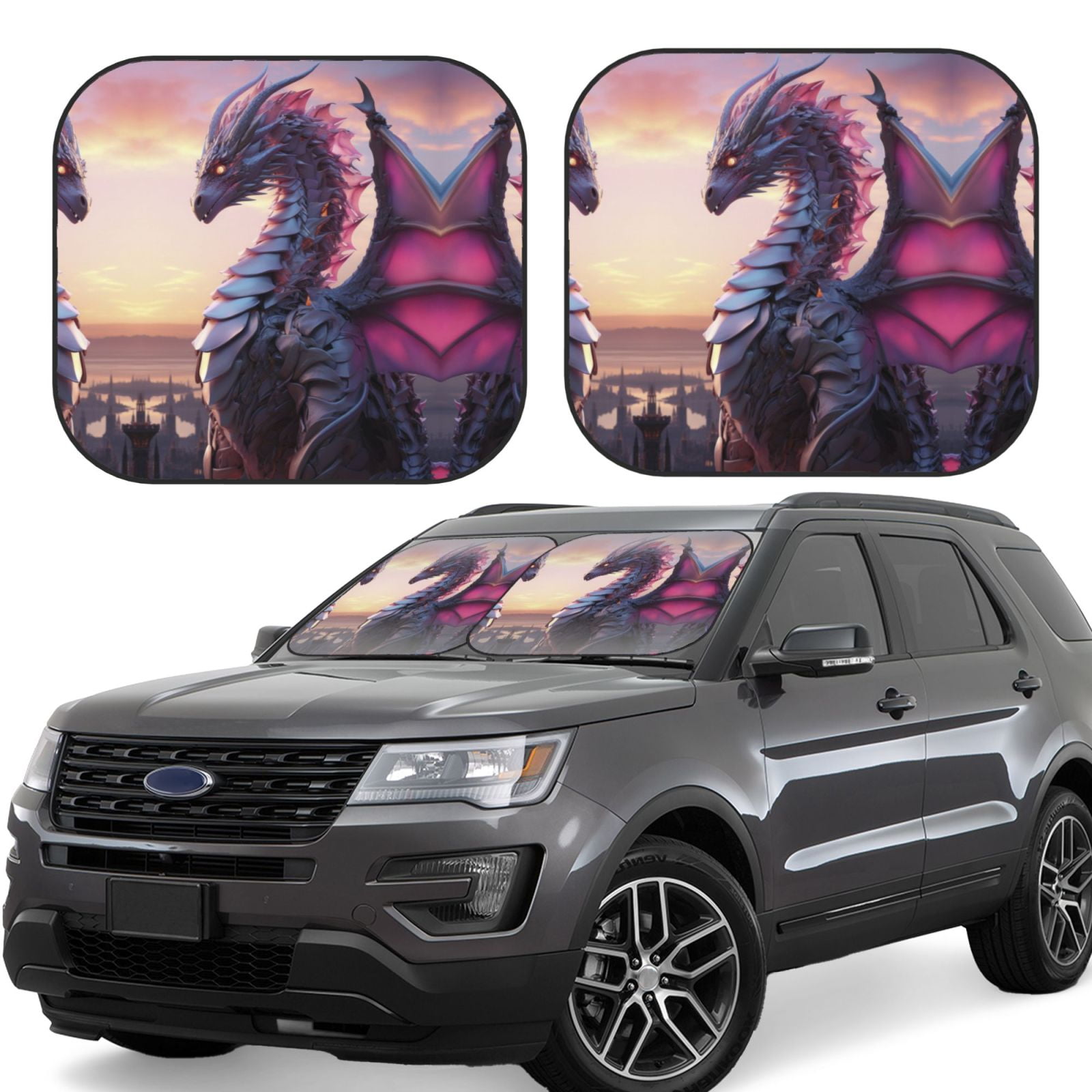 Windshield Sun Shade Pink Silver Dragon 2 Pieces Car Front Sun Shade ...