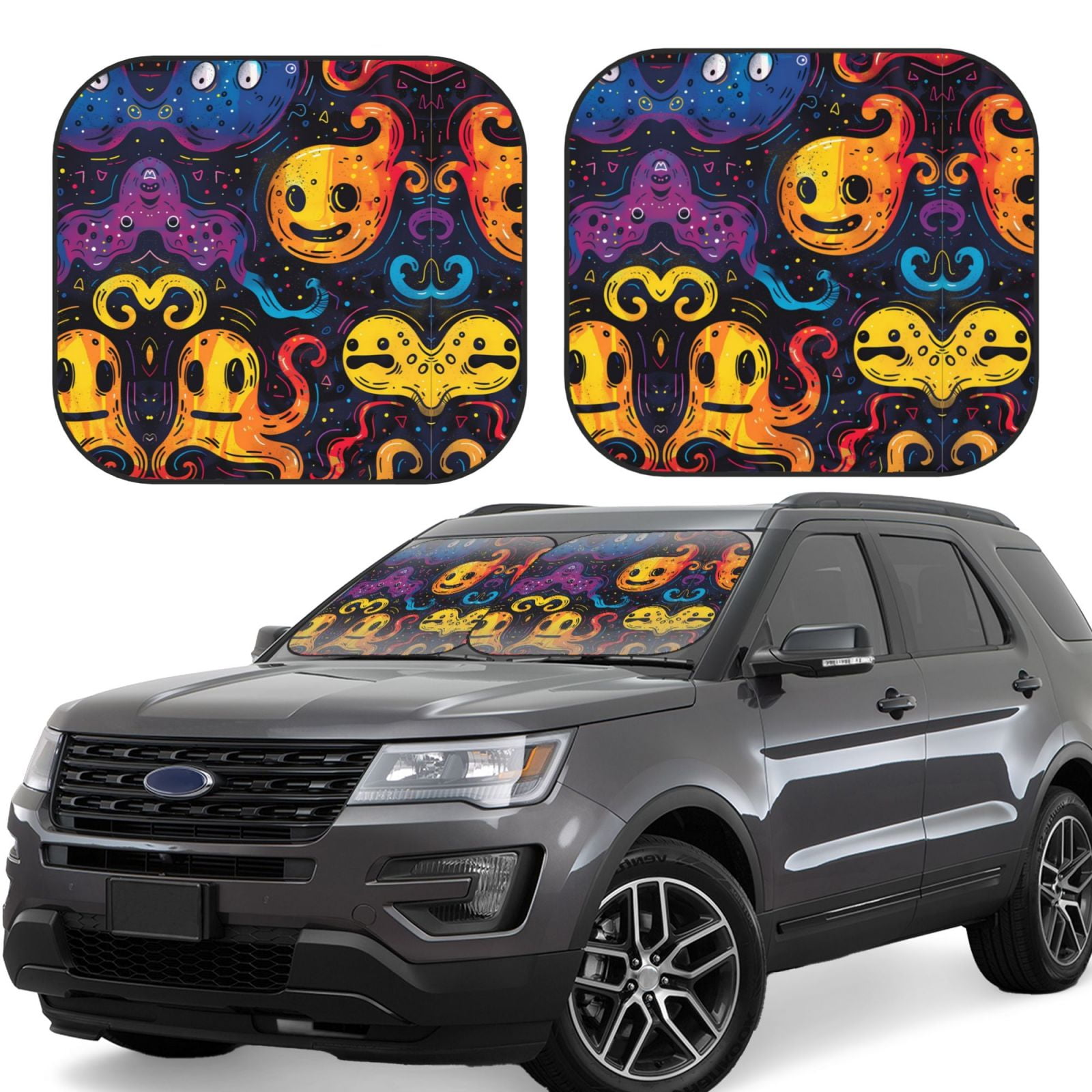Windshield Sun Shade, Playful Ghosts Night Sky 2-Piece Foldablecar ...