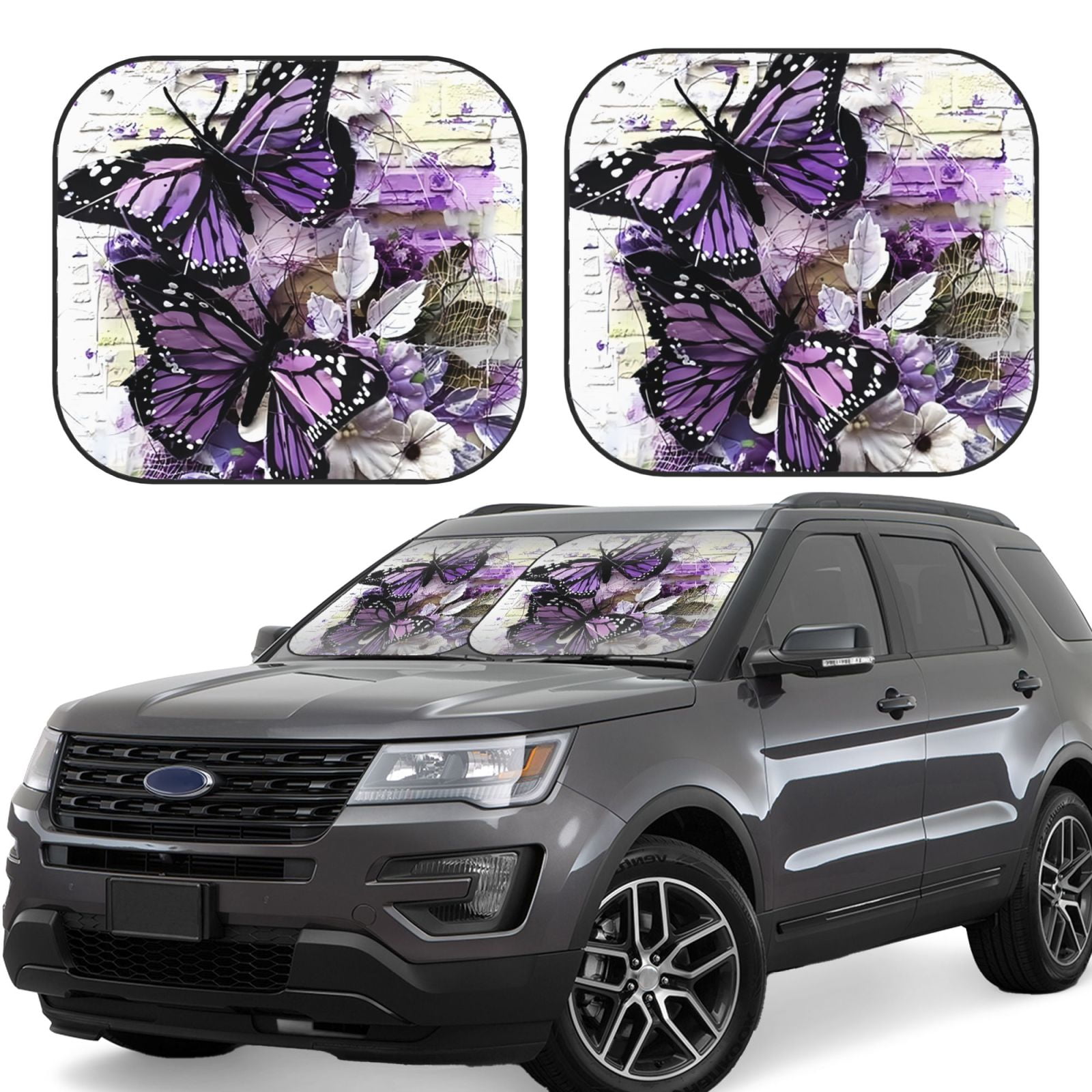 Windshield Sun Shade Purple Butterfly 2 Pieces Car Front Sun Shade ...
