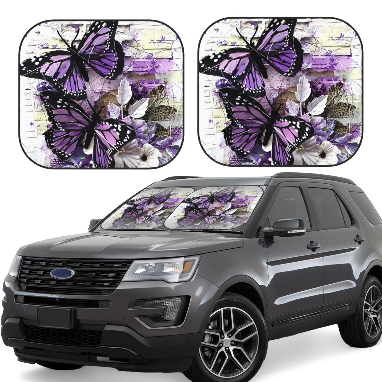 Windshield Sun Shade Purple Butterfly 2 Pieces Car Front Sun Shade ...