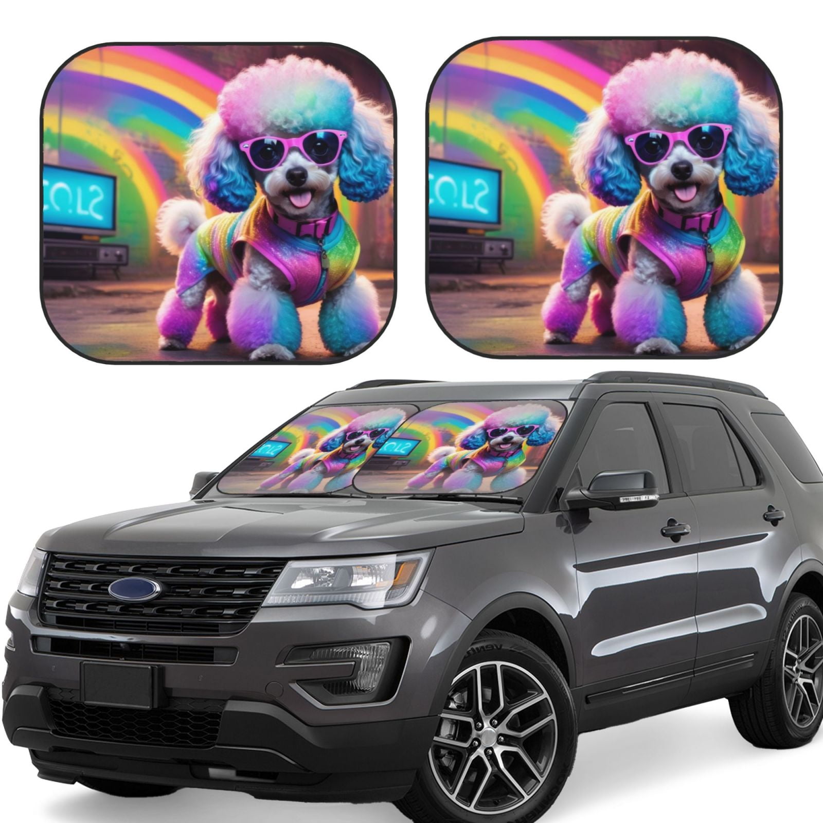 Windshield Sun Shade Rainbow Poodle Urban Street 2 Pieces Car Front Sun ...