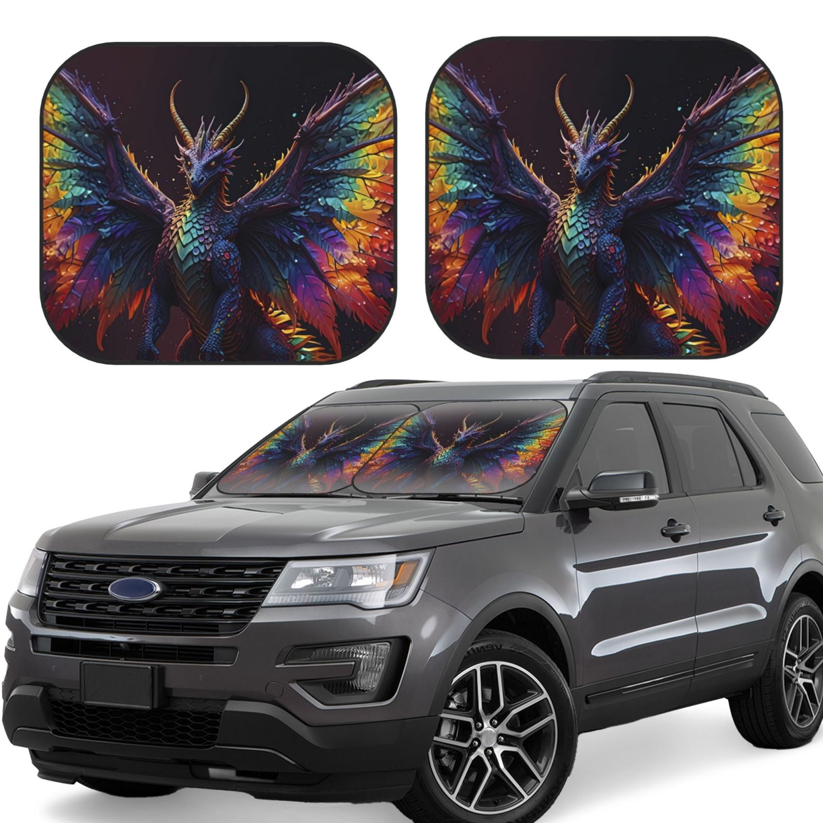 Windshield Sun Shade Rainbow Wings Majestic Dragon 2 Pieces Car Front ...