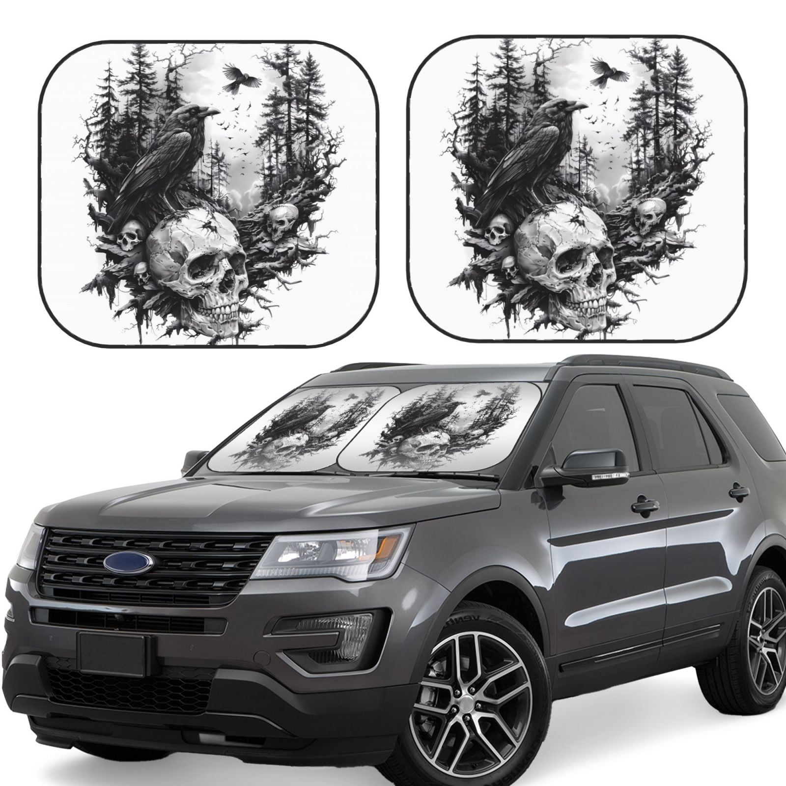 Windshield Sun Shade Raven Skulls Forest 2 Pieces Car Front Sun Shade ...