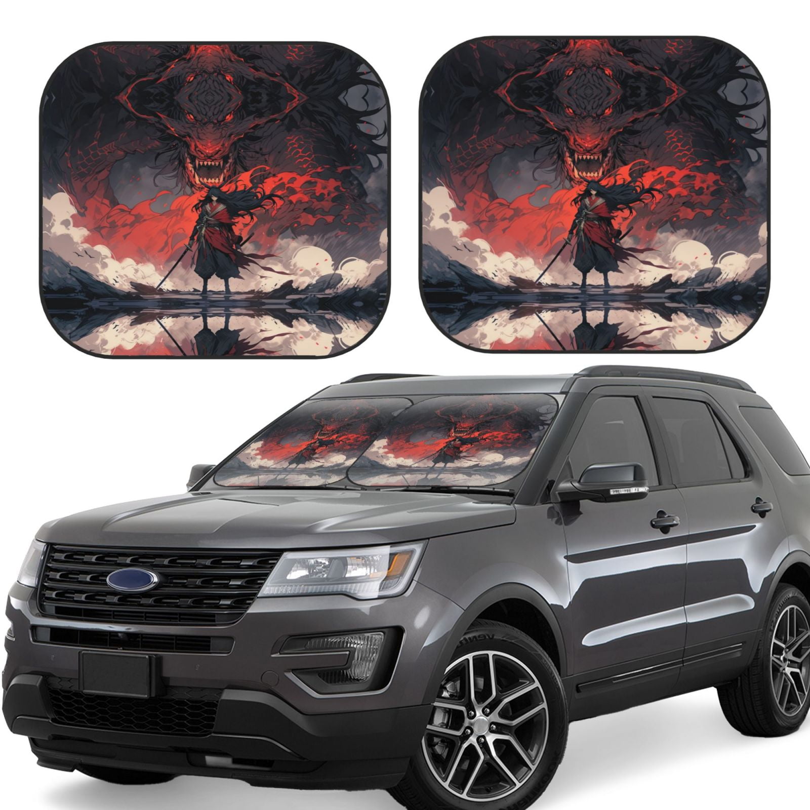 Windshield Sun Shade Red Black Dragon Eastern Swordsman 2 Pieces Car ...