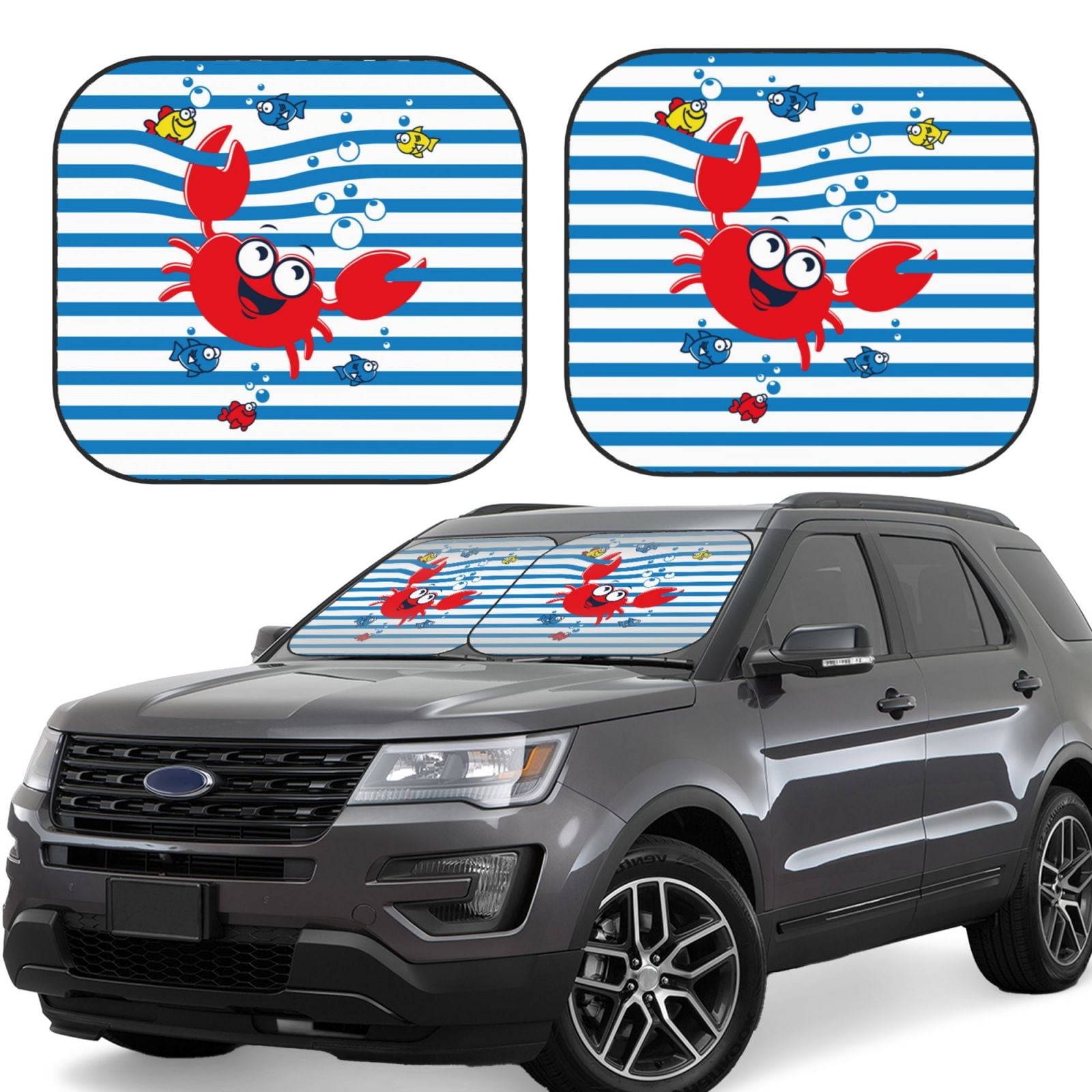 Windshield Sun Shade Red Funny Crab on Blue Stripe 2 Pieces Car Front ...