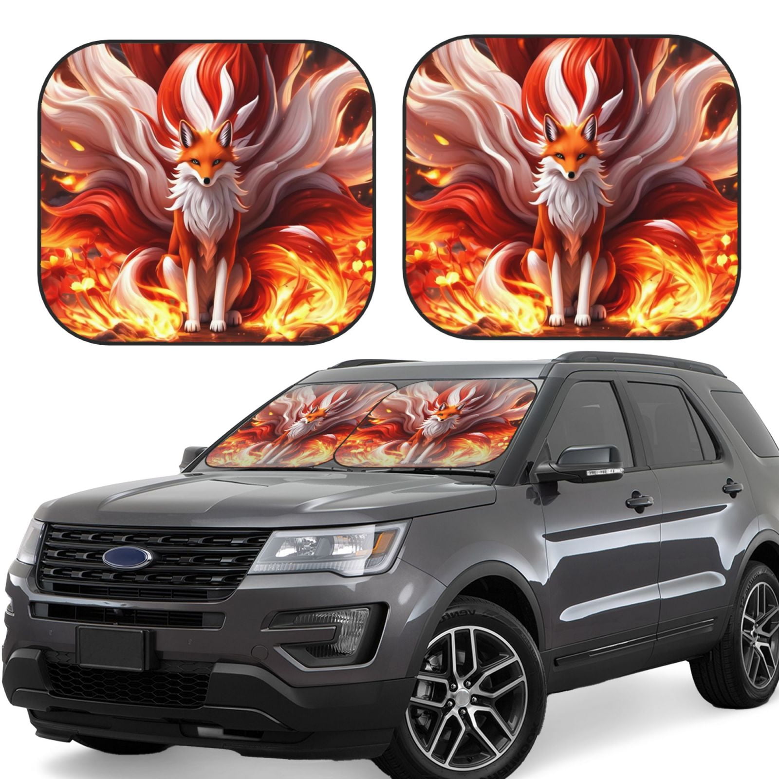 Windshield Sun Shade Red Leaf Flame Fox 2 Pieces Car Front Sun Shade ...