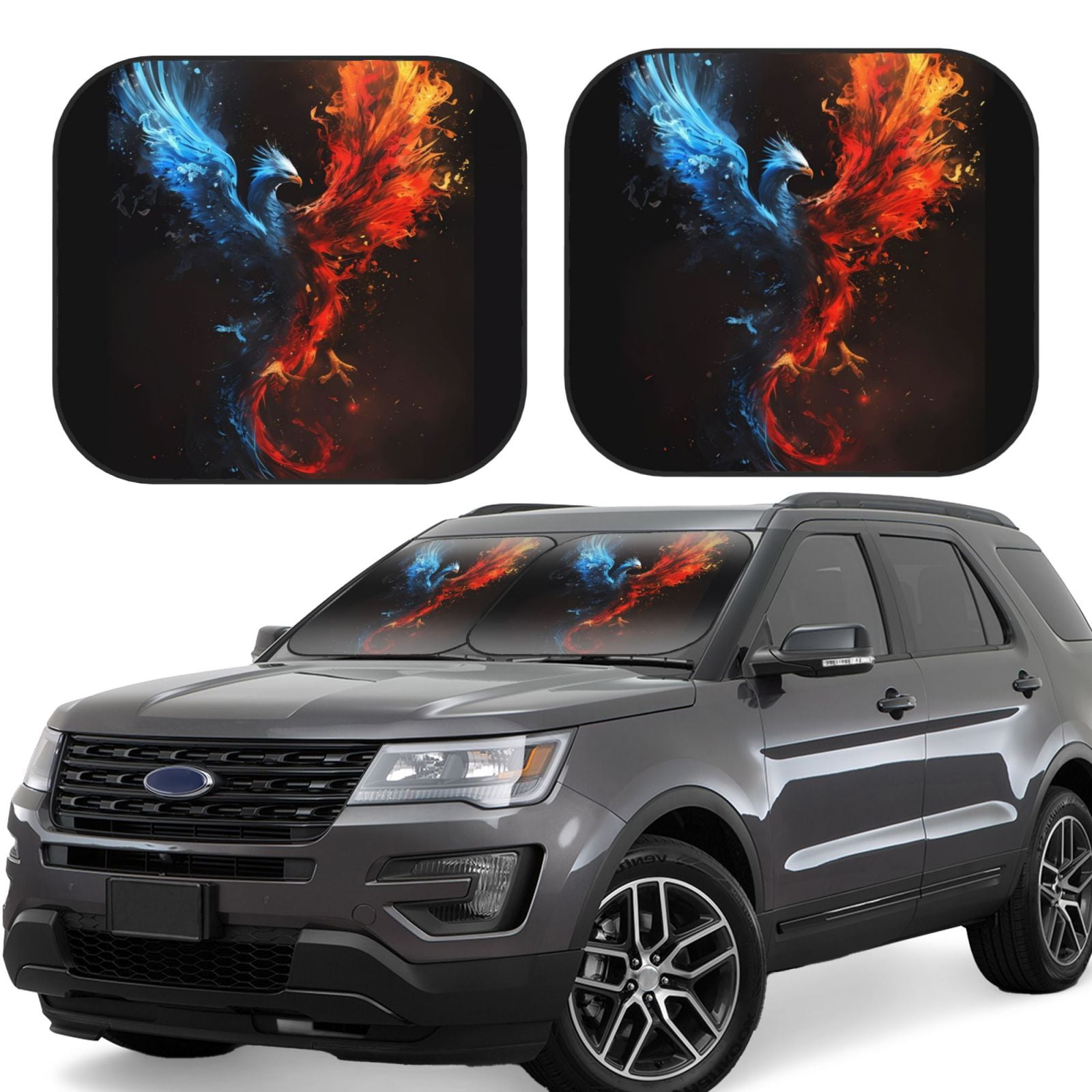 Windshield Sun Shade, Red and Blue Fire Bird Foldable Car Sun Shade ...
