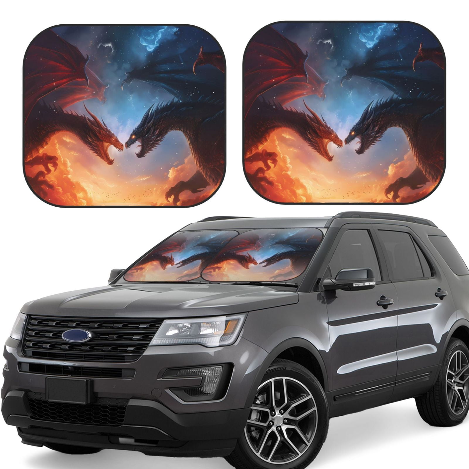 Windshield Sun Shade, Red and Blue Fire Cloud Dragon Foldable Car Sun ...