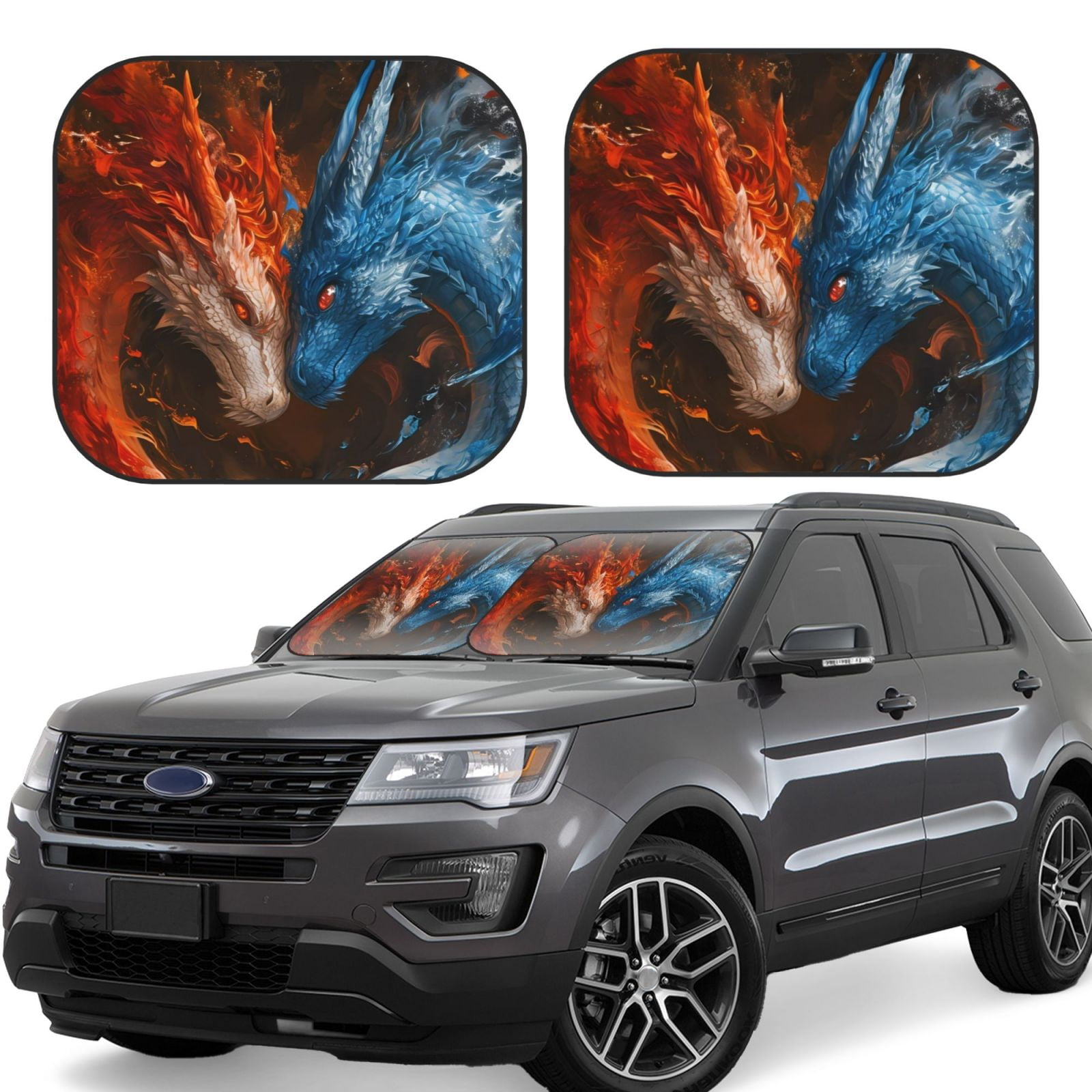 Windshield Sun Shade Red and Blue Fire Dragon F 2 Pieces Car Front Sun ...