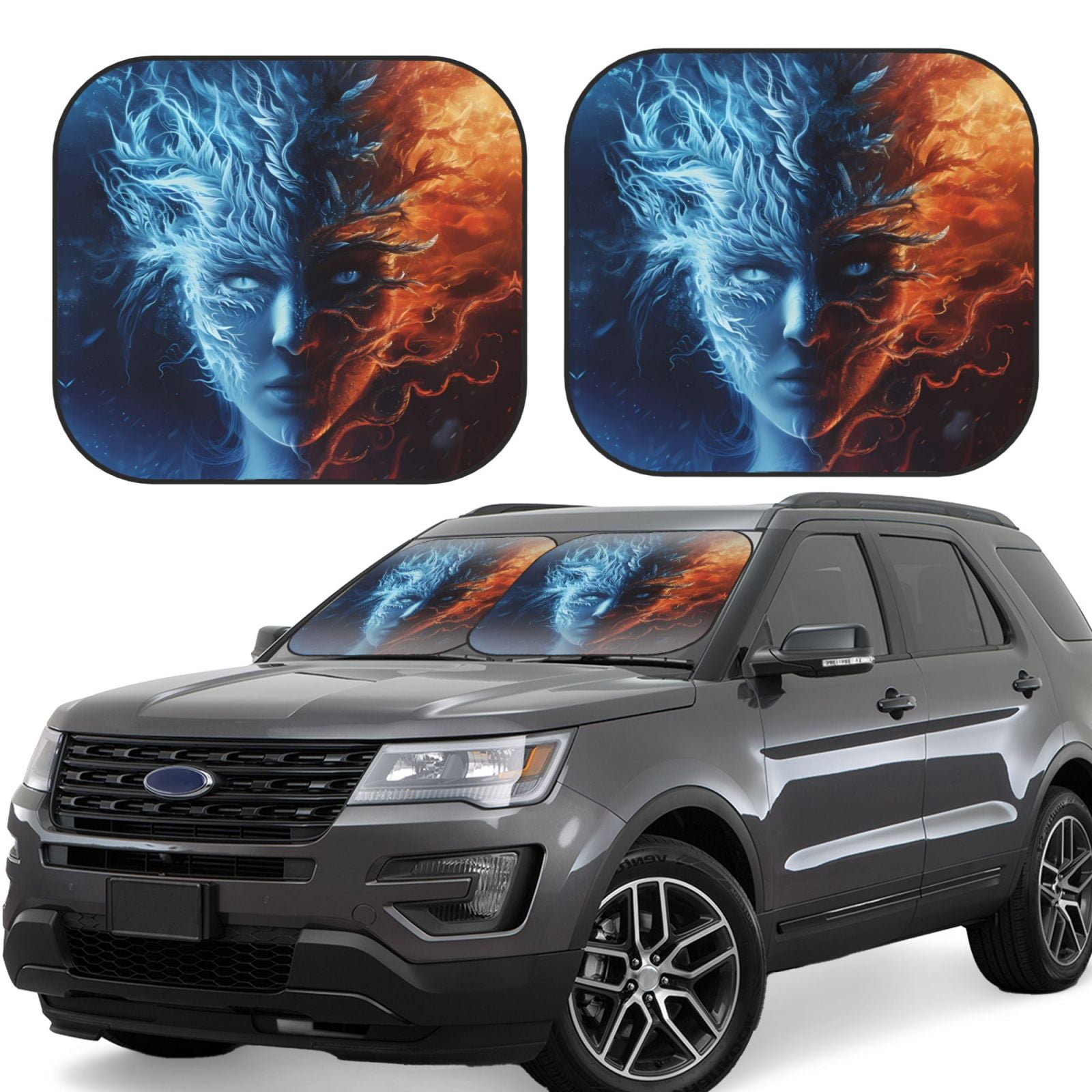 Windshield Sun Shade Red and Blue Fire Women 2 Pieces Car Front Sun ...