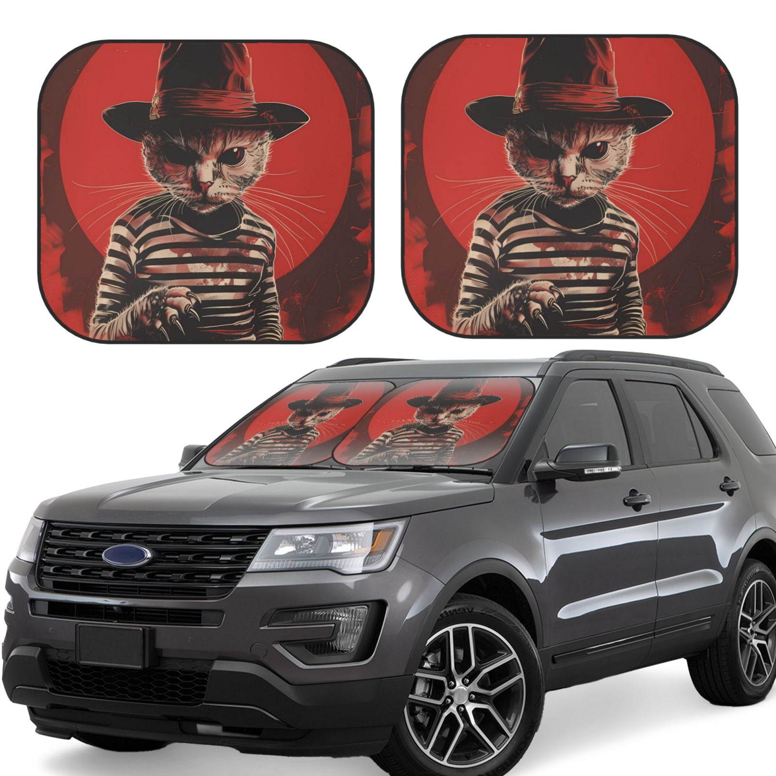 Windshield Sun Shade Retro Horror Cat Portrait 2 Pieces Car Front Sun ...