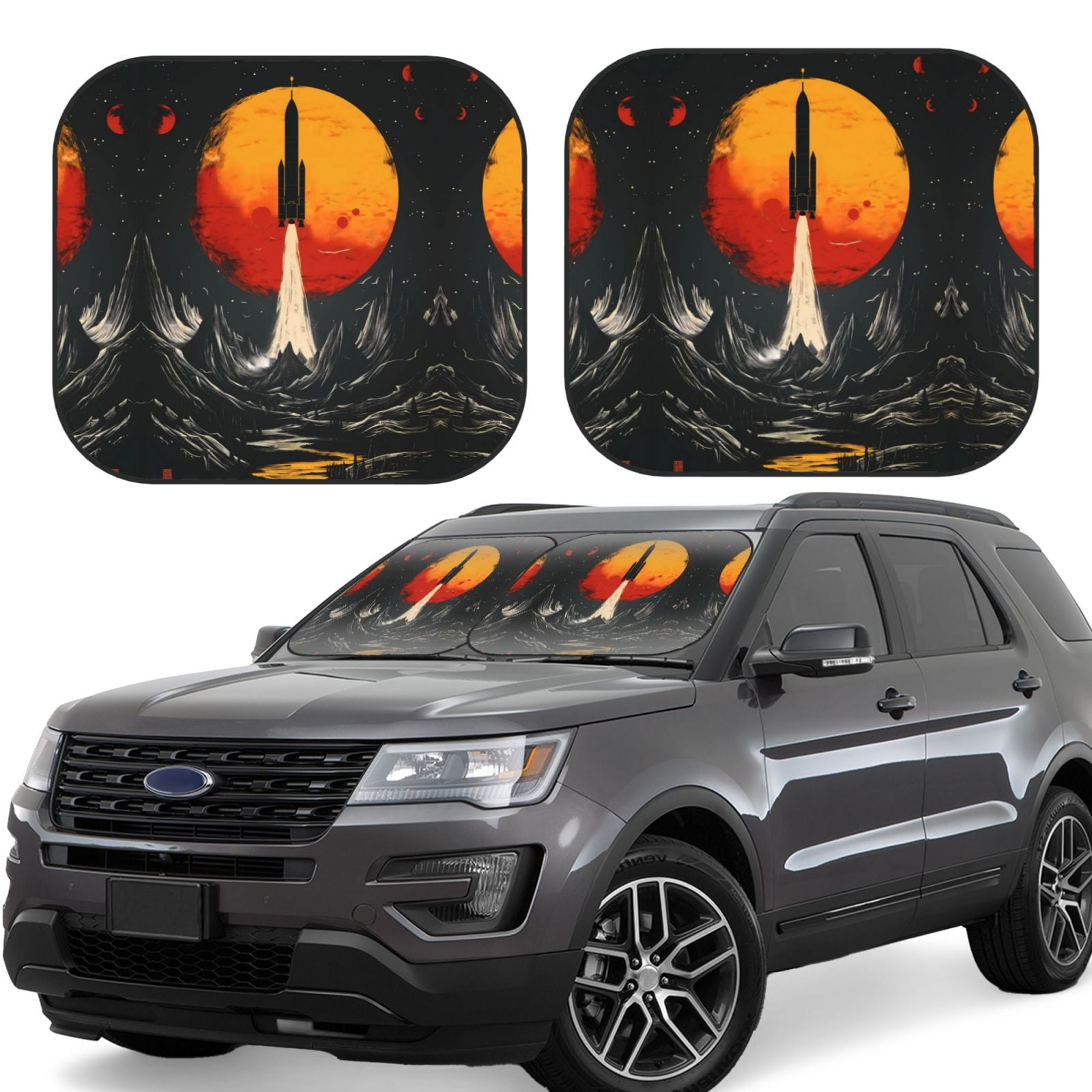 Windshield Sun Shade, Retro Space Rocket Launch 2-Piece Foldablecar ...