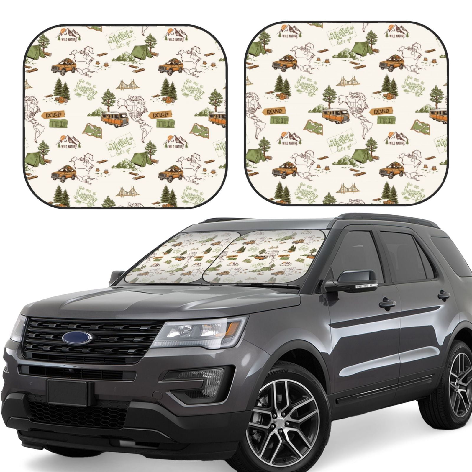 Windshield Sun Shade Road Trip 2 Pieces Car Front Sun Shade Windshield ...