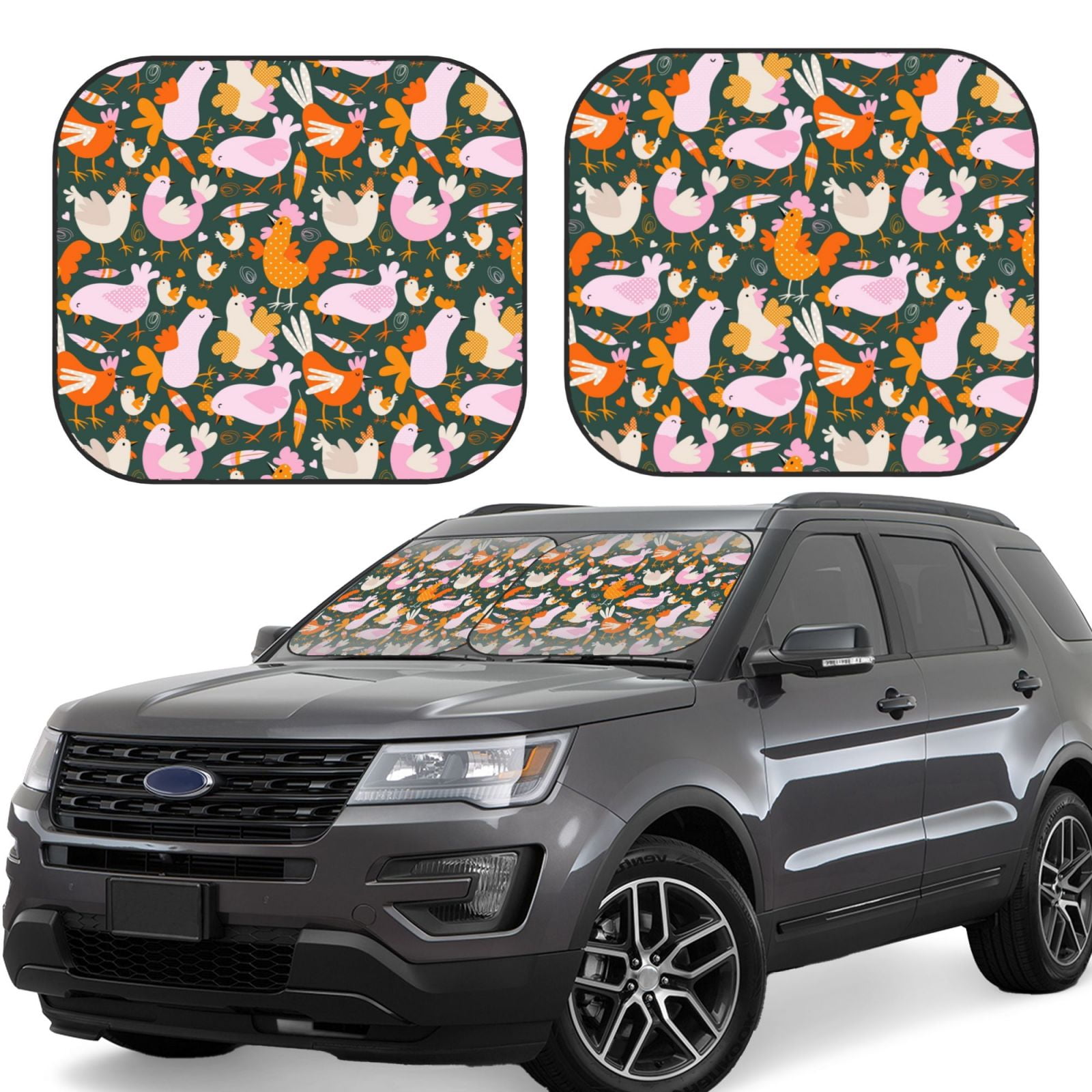 Windshield Sun Shade, Roosters And Chicks 2-Piece Foldablecar Sunshade ...