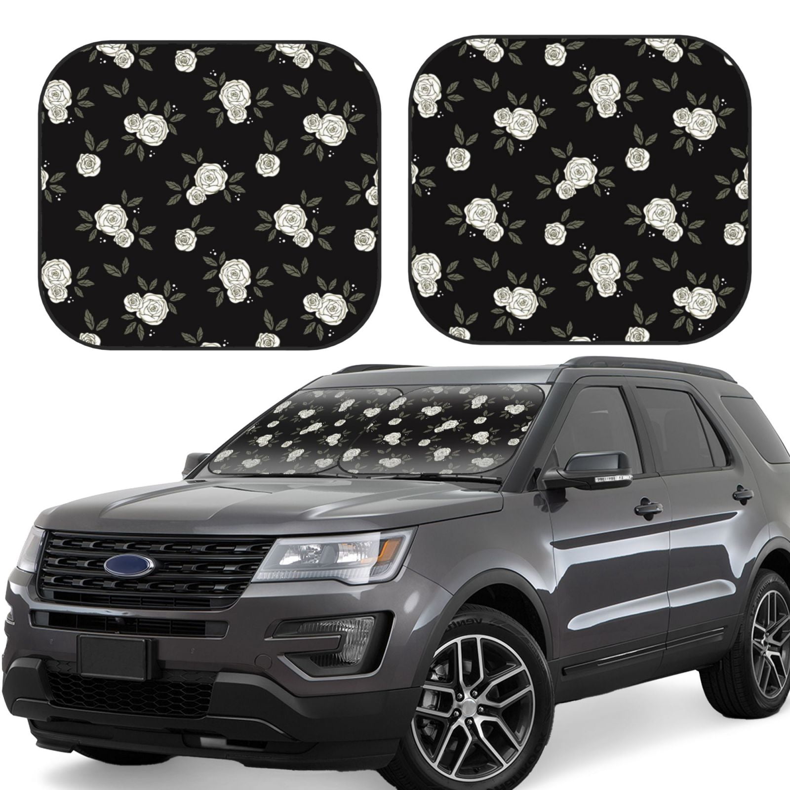 Windshield Sun Shade, Rose Flowers Black 2-Piece Foldablecar Sunshade ...