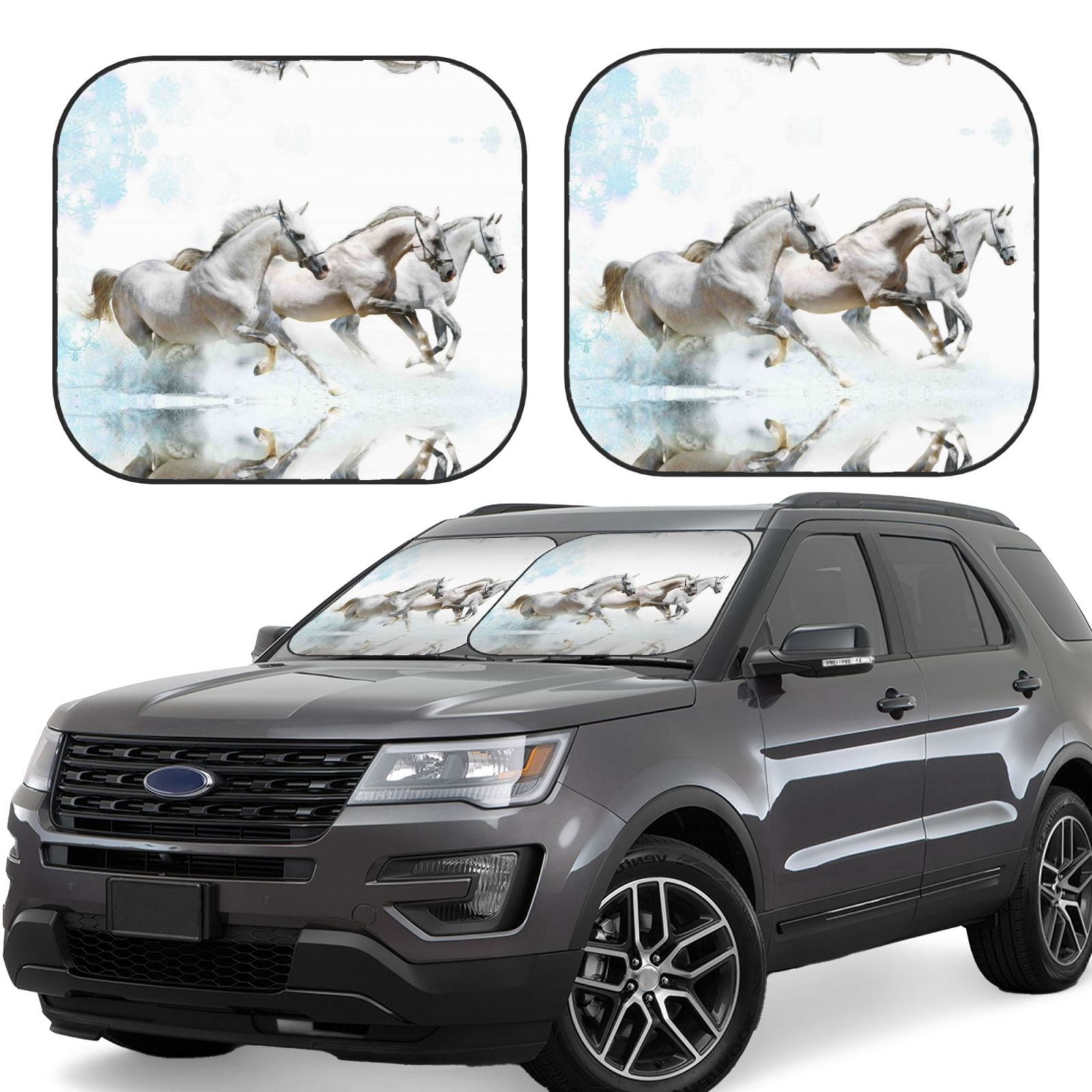 Windshield Sun Shade Running White Horses 2 Pieces Car Front Sun Shade ...