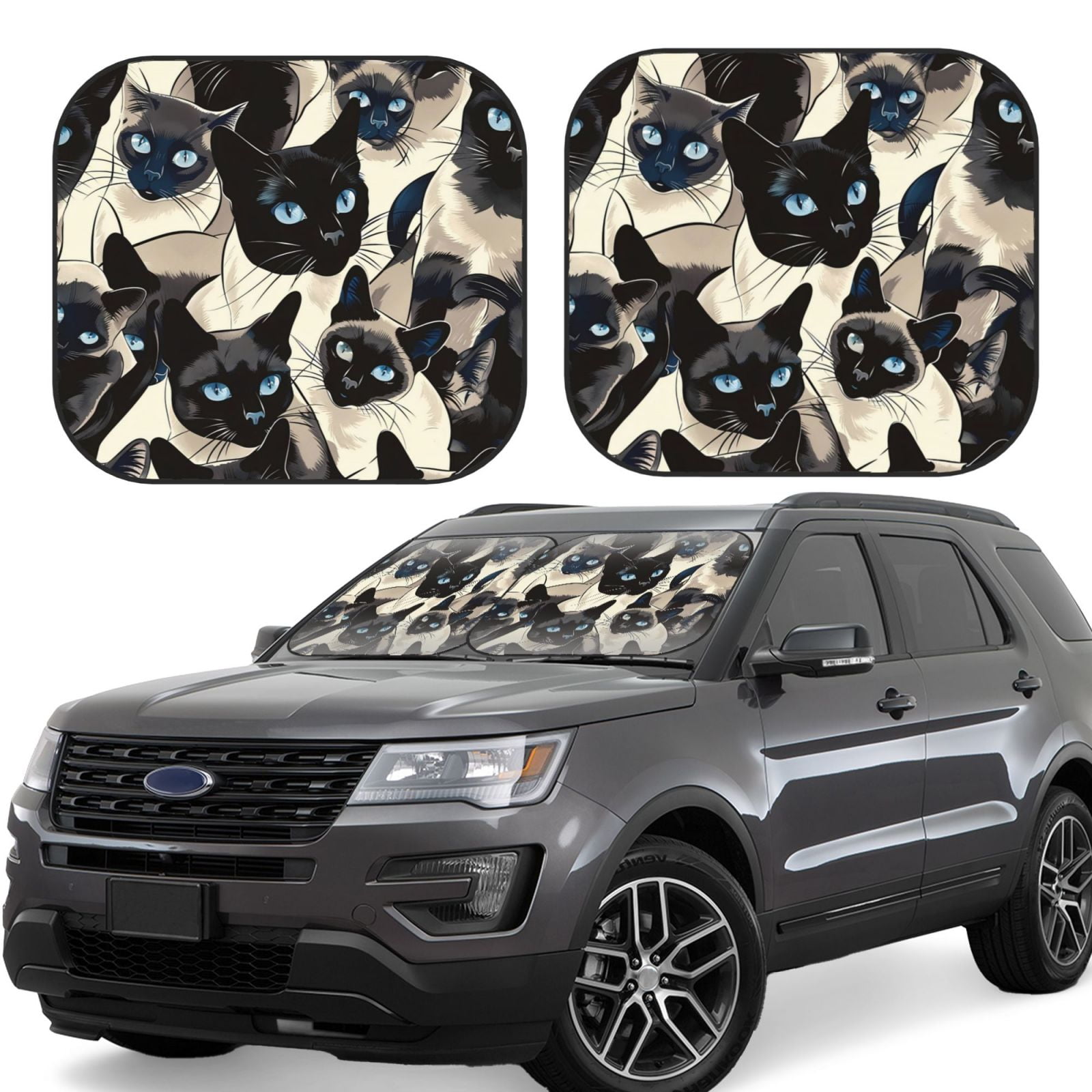 Windshield Sun Shade, Siamese Cat Blue Eyes Pattern 2-Piece Foldablecar ...