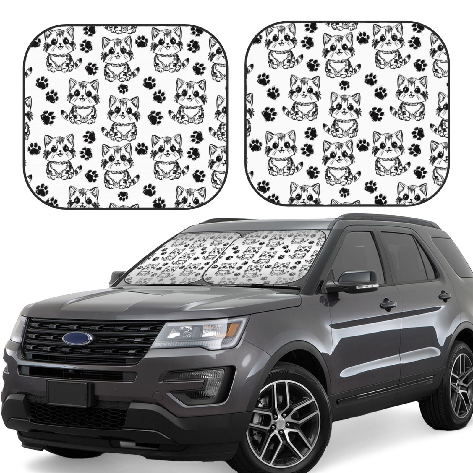 Windshield Sun Shade, Sketch Cartoon Cat And Cat Paw Foldable Car Sun ...