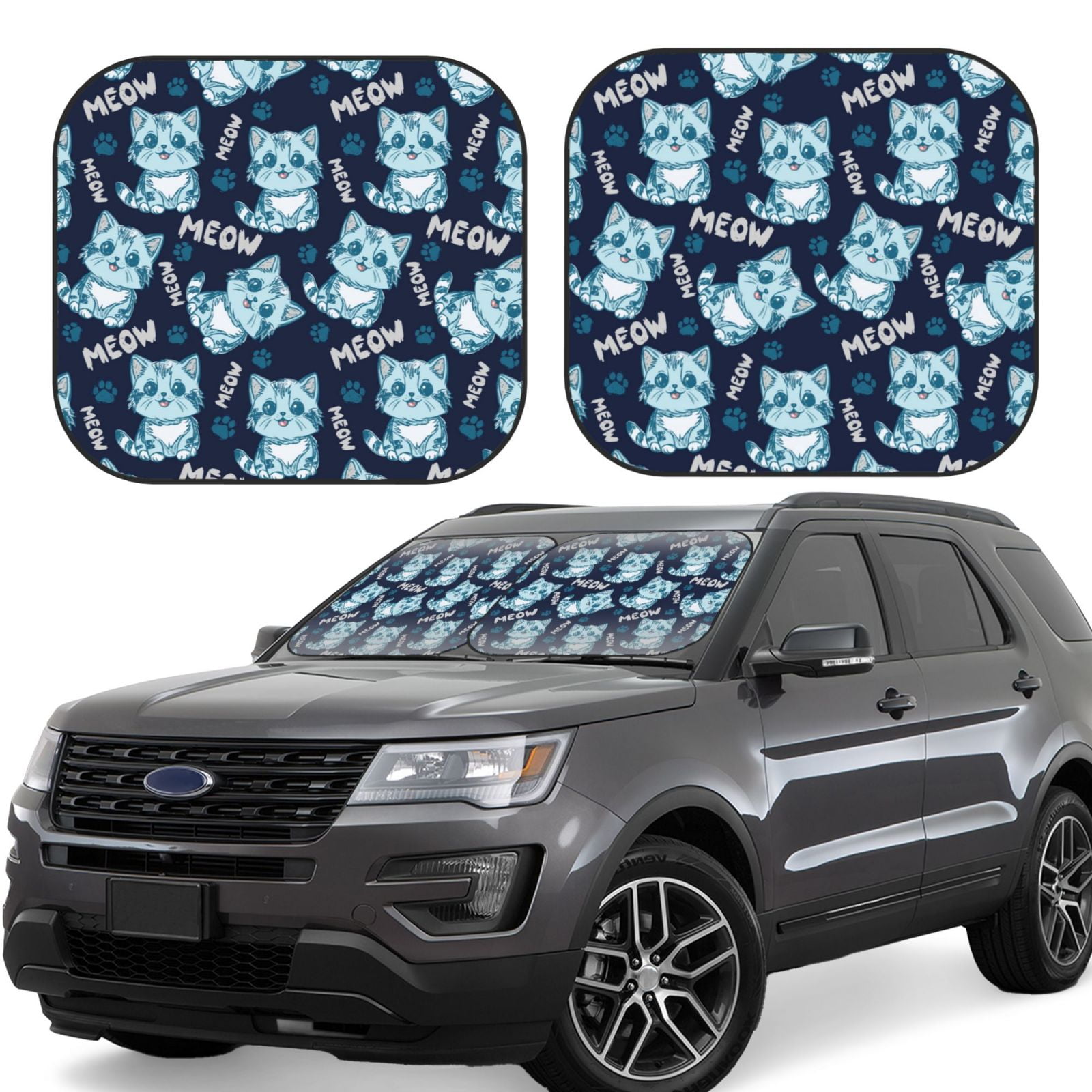 Windshield Sun Shade, Sketch Cartoon Cat Paw Blue 2-Piece Foldablecar ...