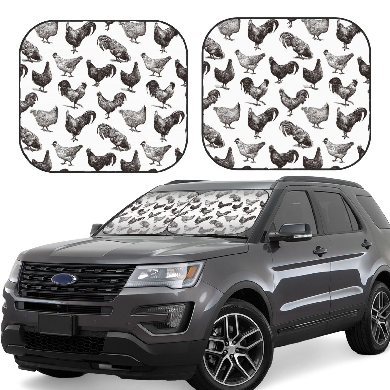 Windshield Sun Shade, Sketch Chicken Black White 2-Piece Foldablecar ...
